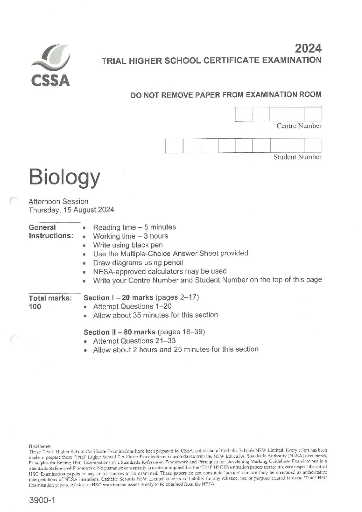 CSSA Trial HSC Biology Exam Paper 2024 - Studocu