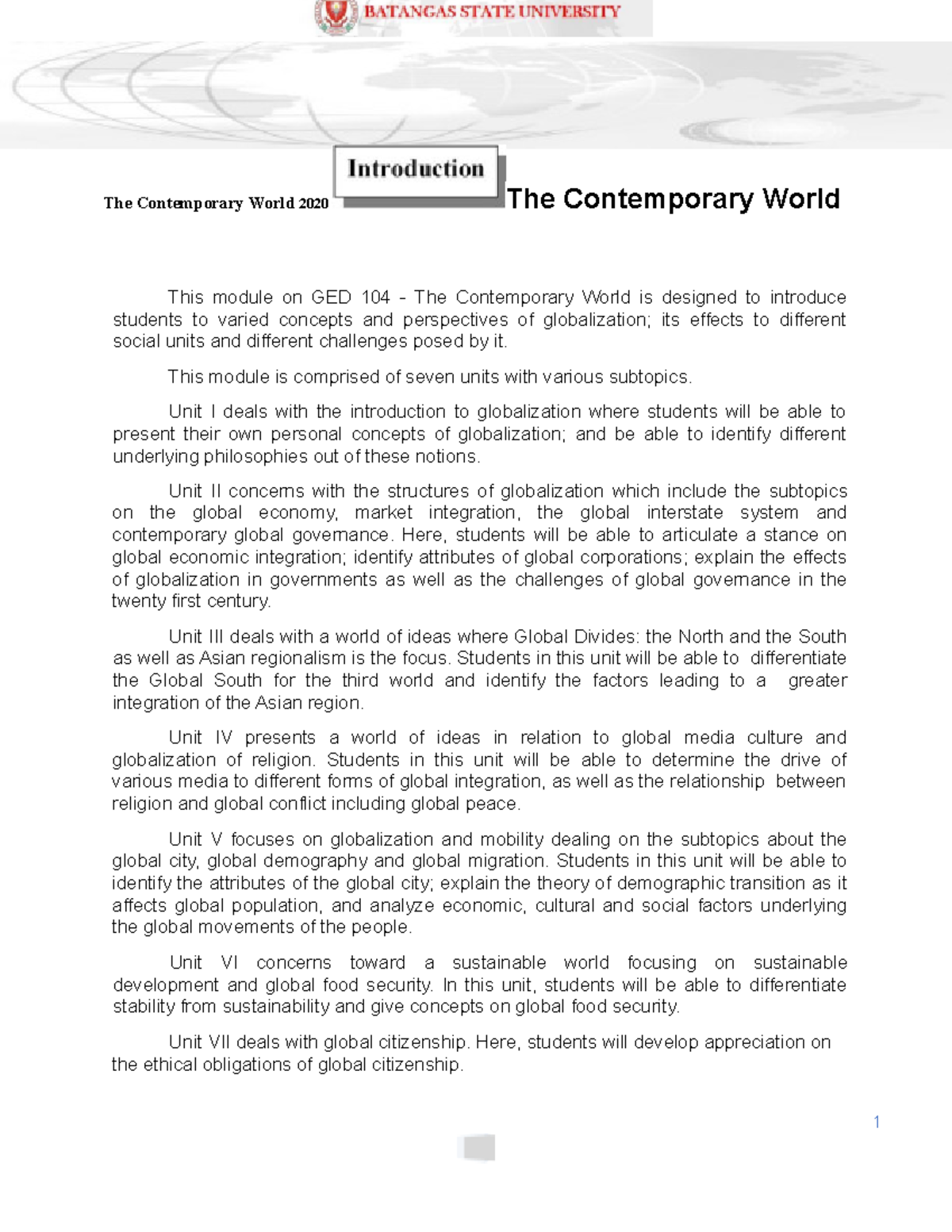 GED 104 - The Contemporary World: Unit 1 - Introduction to ...