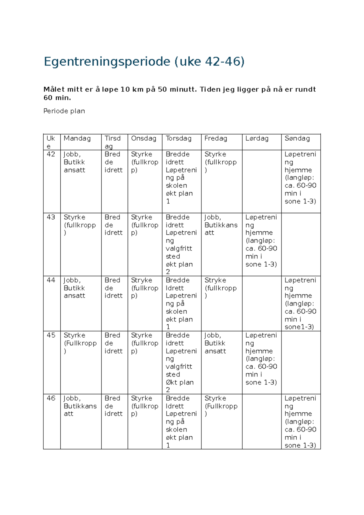 Periodeplan og Øktplan for Egentreningsperiode (uke 42-46) - Studocu