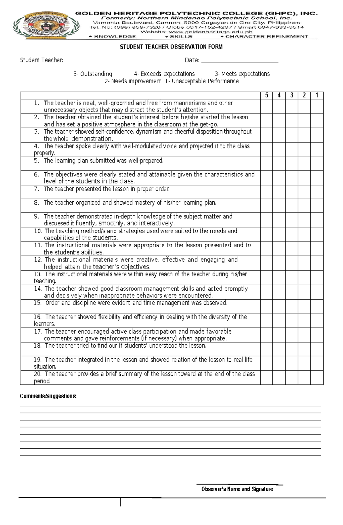 STUDENT TEACHER OBSERVATION FORM - Performance Evaluation - Studocu