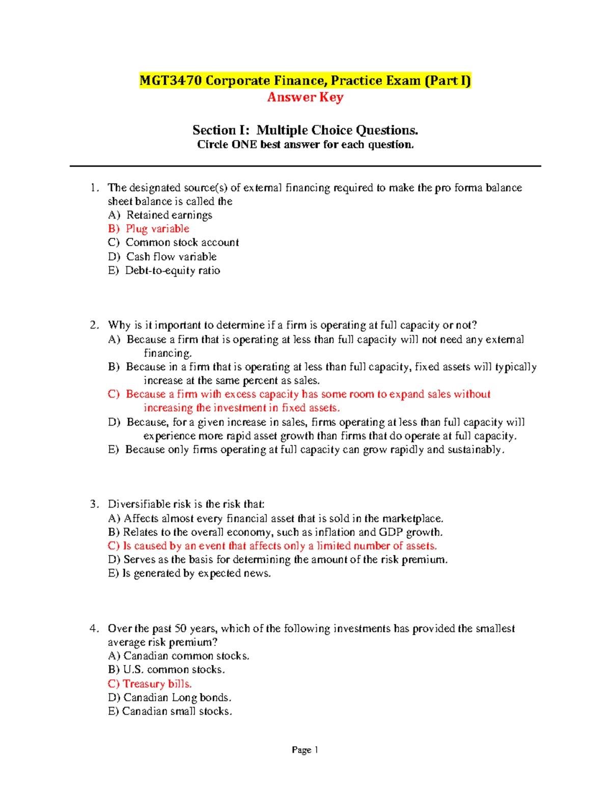 Sample/practice exam 2020, questions and answers - Corporate Finance ...