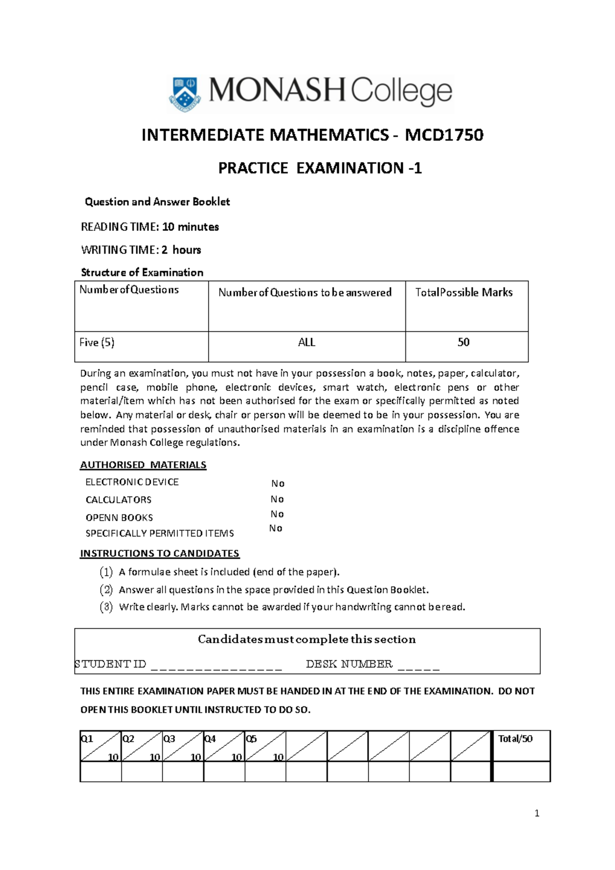 MCD1750 Intermediate Mathematics Practice Exam - Q&A Booklet - Studocu