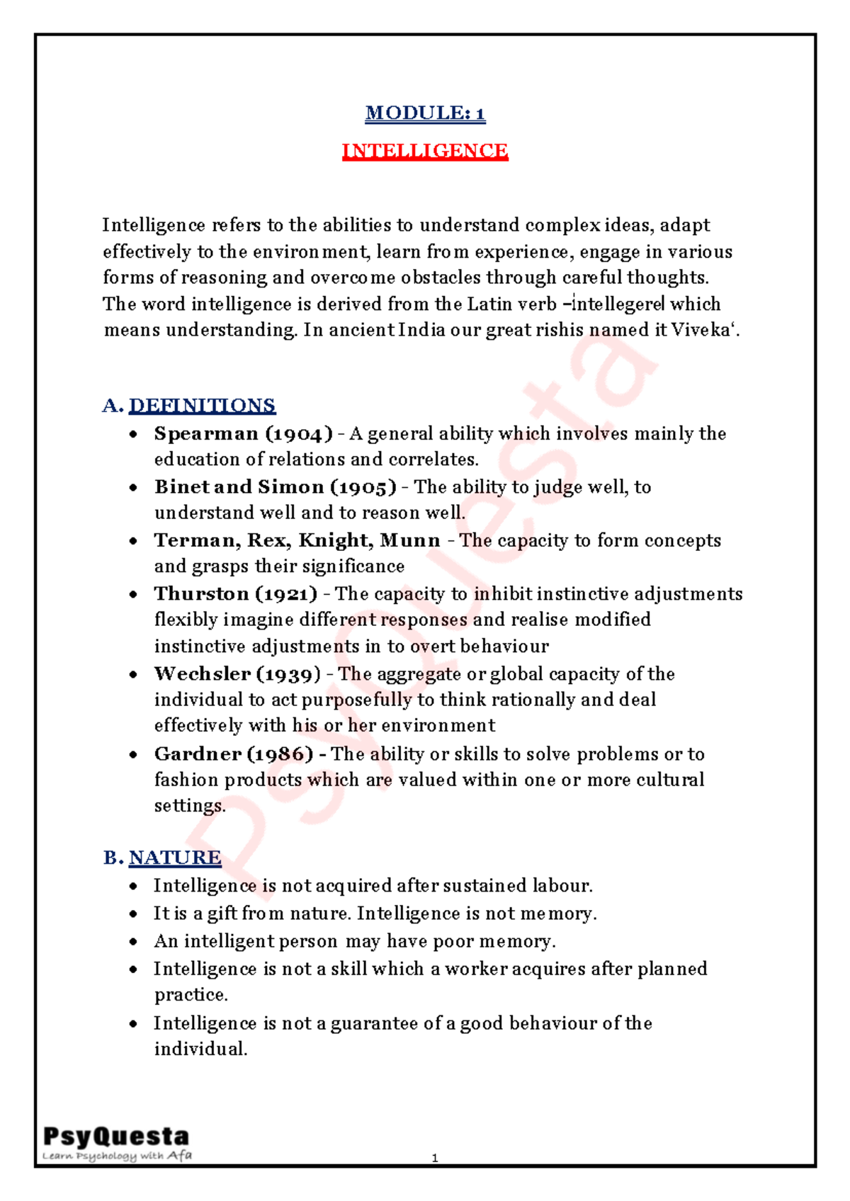 Psy Questa - 4TH SEM Psychology - MODULE: 1 INTELLIGENCE Intelligence ...