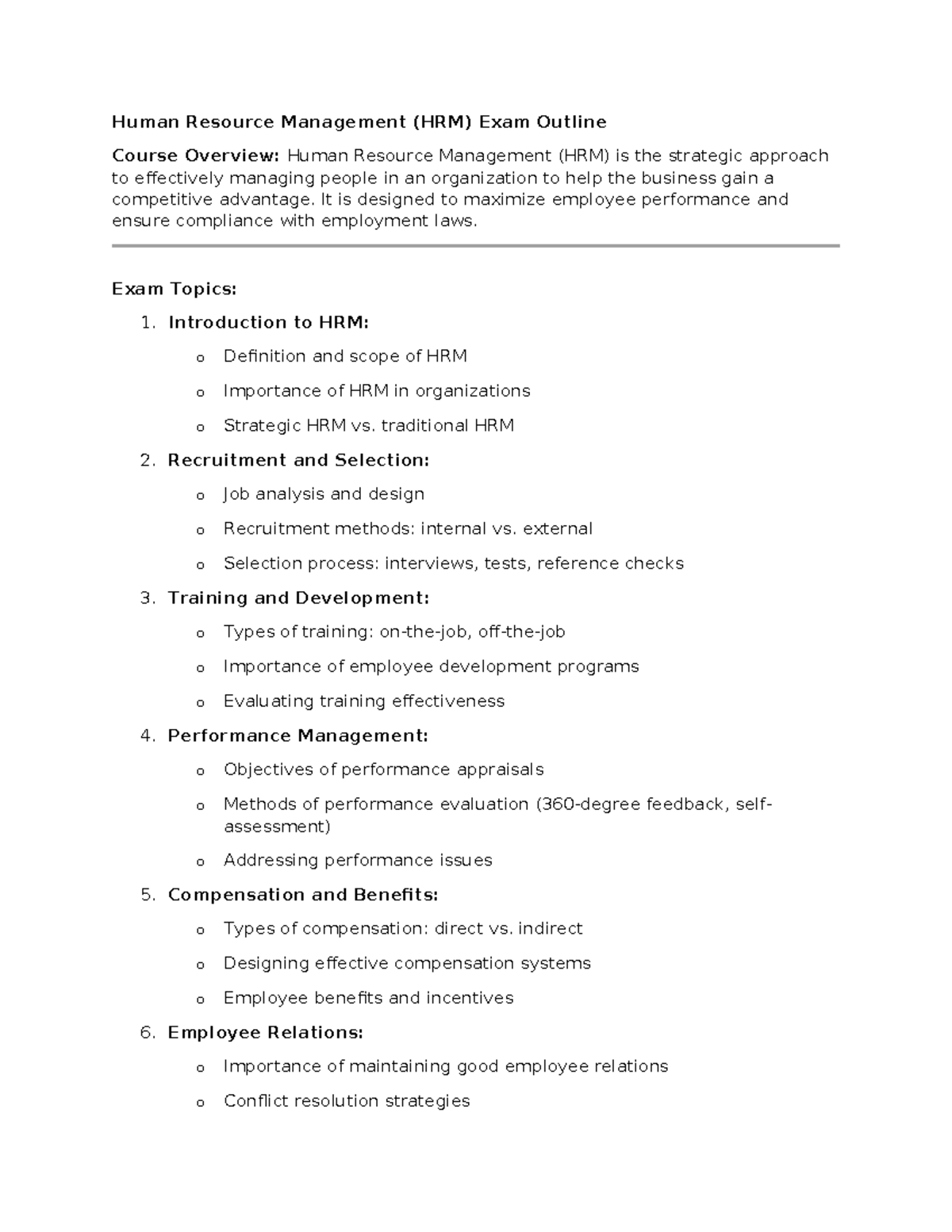HRM 101 Final Exam Outline: Key Topics and Format Details - Studeersnel