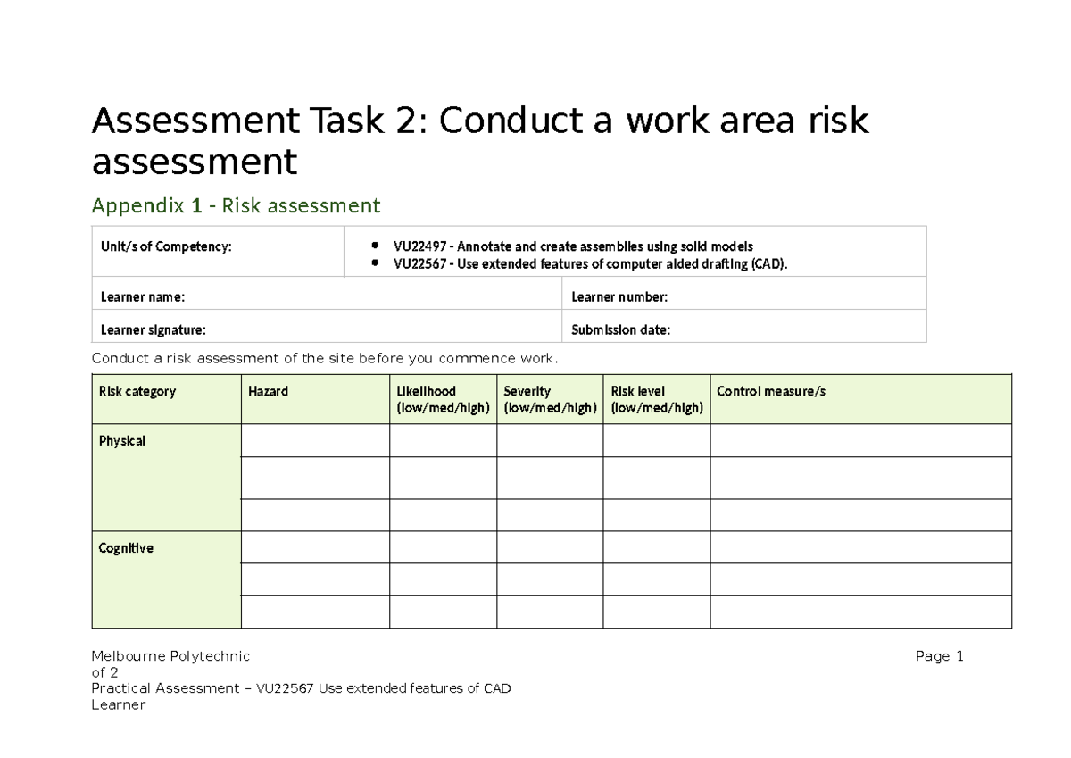 VU22567 T2 Submission - Risk Assessment for CAD Practical Task - Studocu