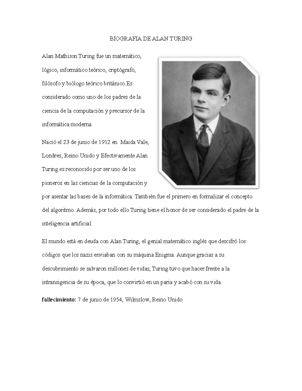 Biografia DE ALAN Turing - BIOGRAFIA DE ALAN TURING Alan Mathison ...