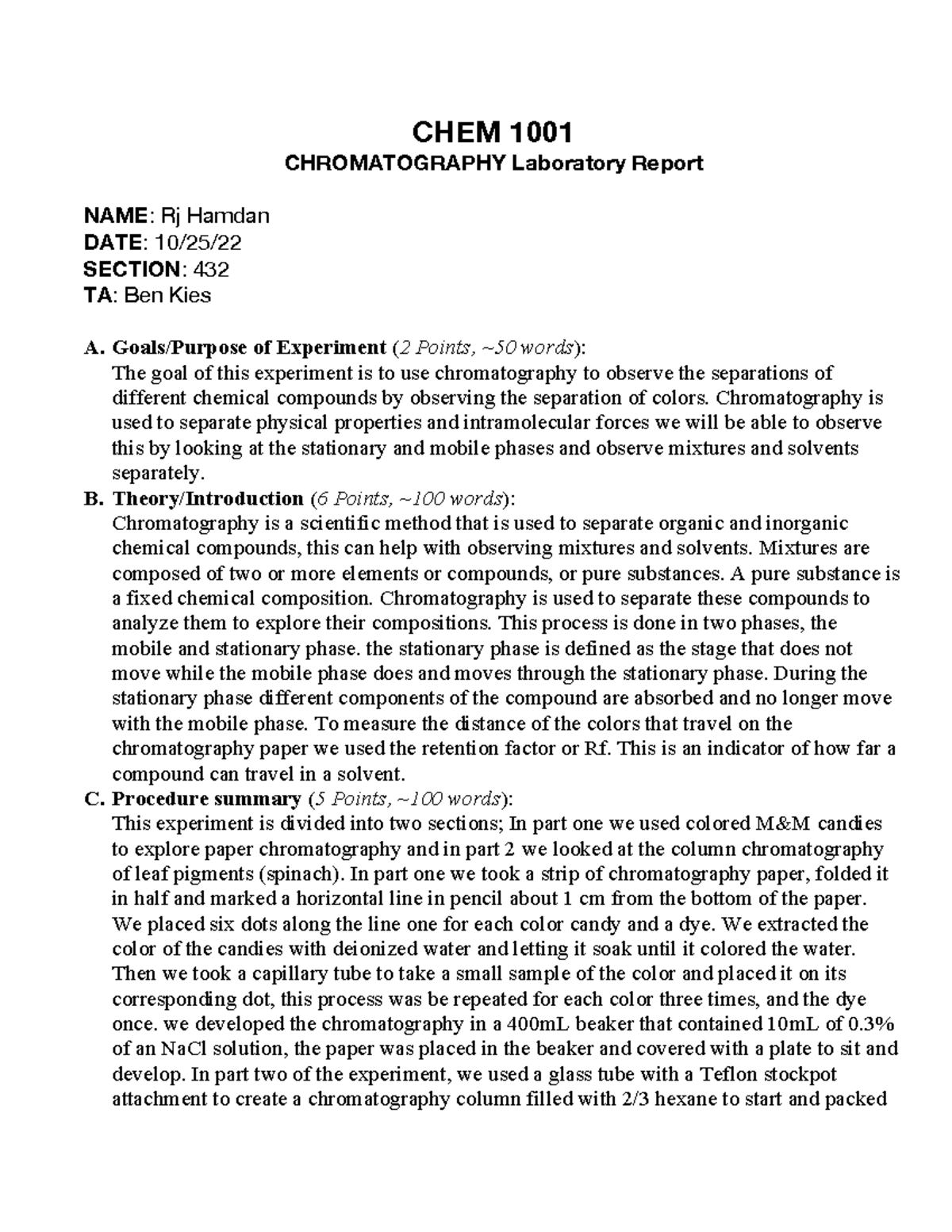 CHEM 1001: Chromatography Lab Report - Paper & Column Methods - Studocu