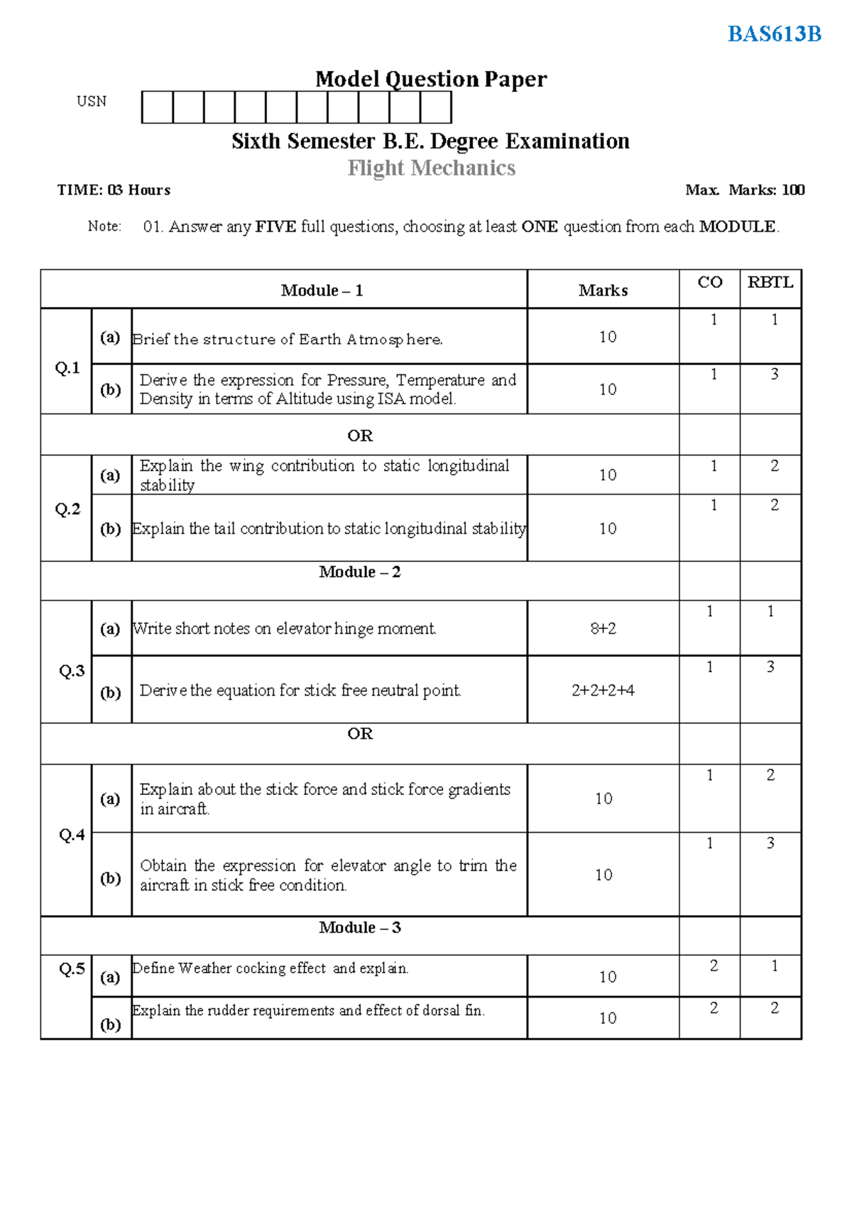 BAS613B Flight Mechanics Model Question Paper - 6th Sem B.E. Exam - Studocu
