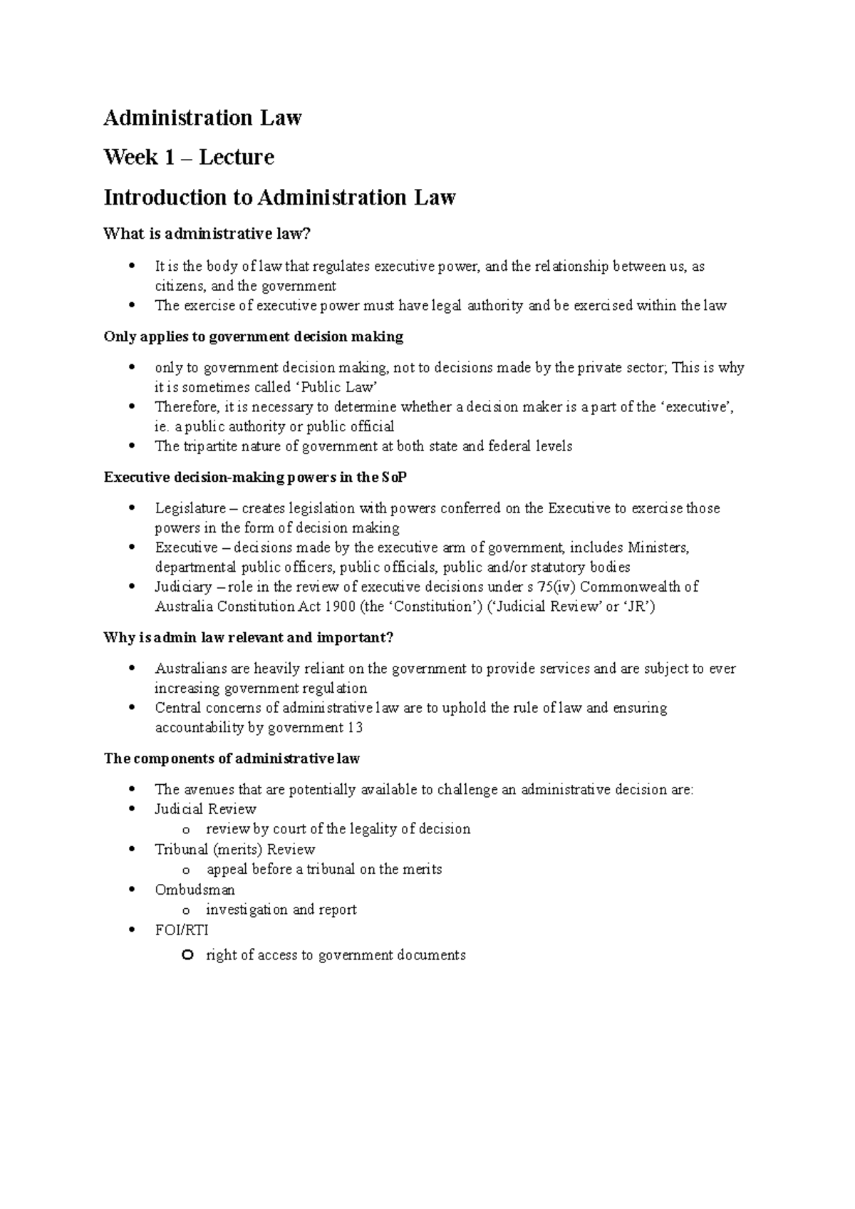 Week 1 - Introduction to Administration Law - Administration Law Week 1 ...