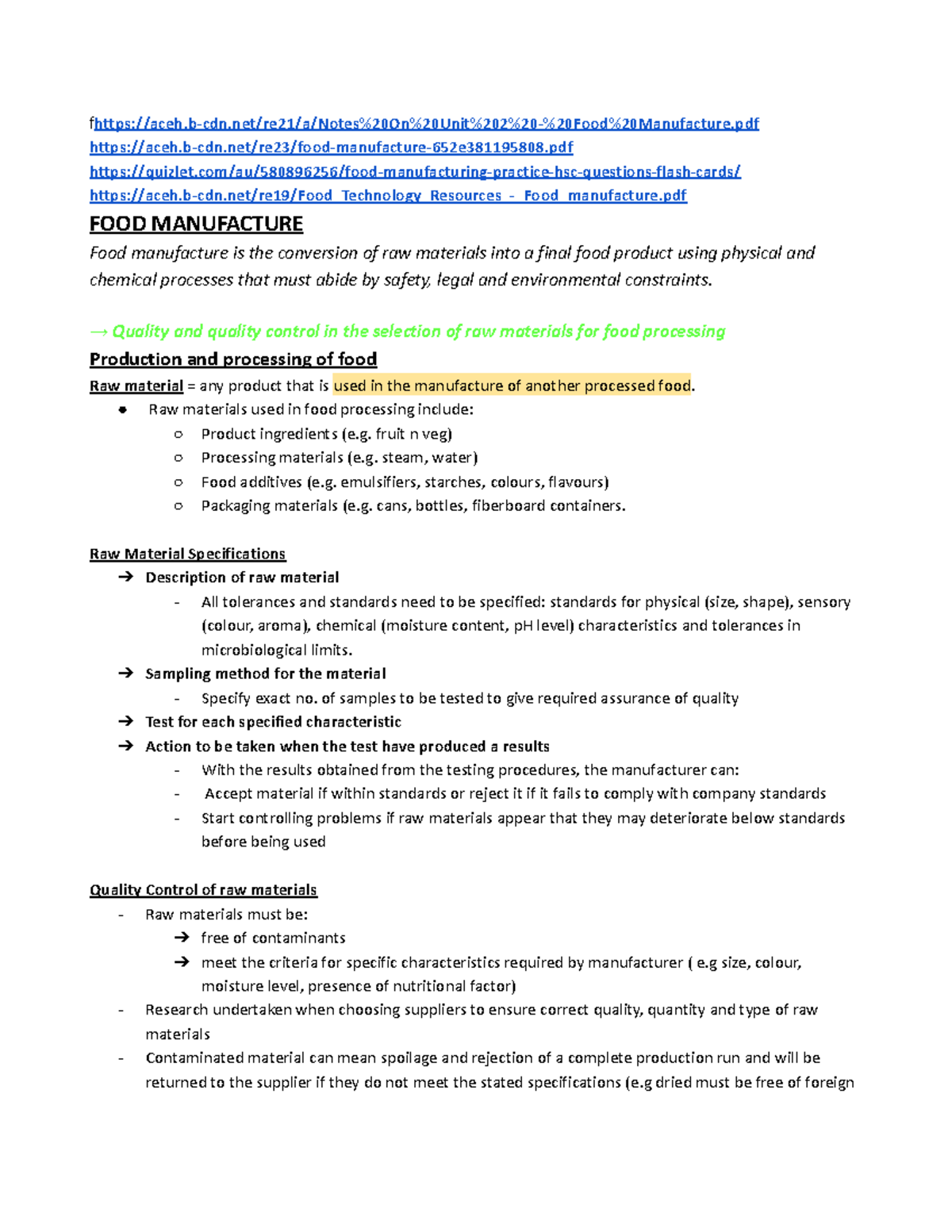 HSC Food Tech: Comprehensive Guide to Food Manufacture Processes - Studocu