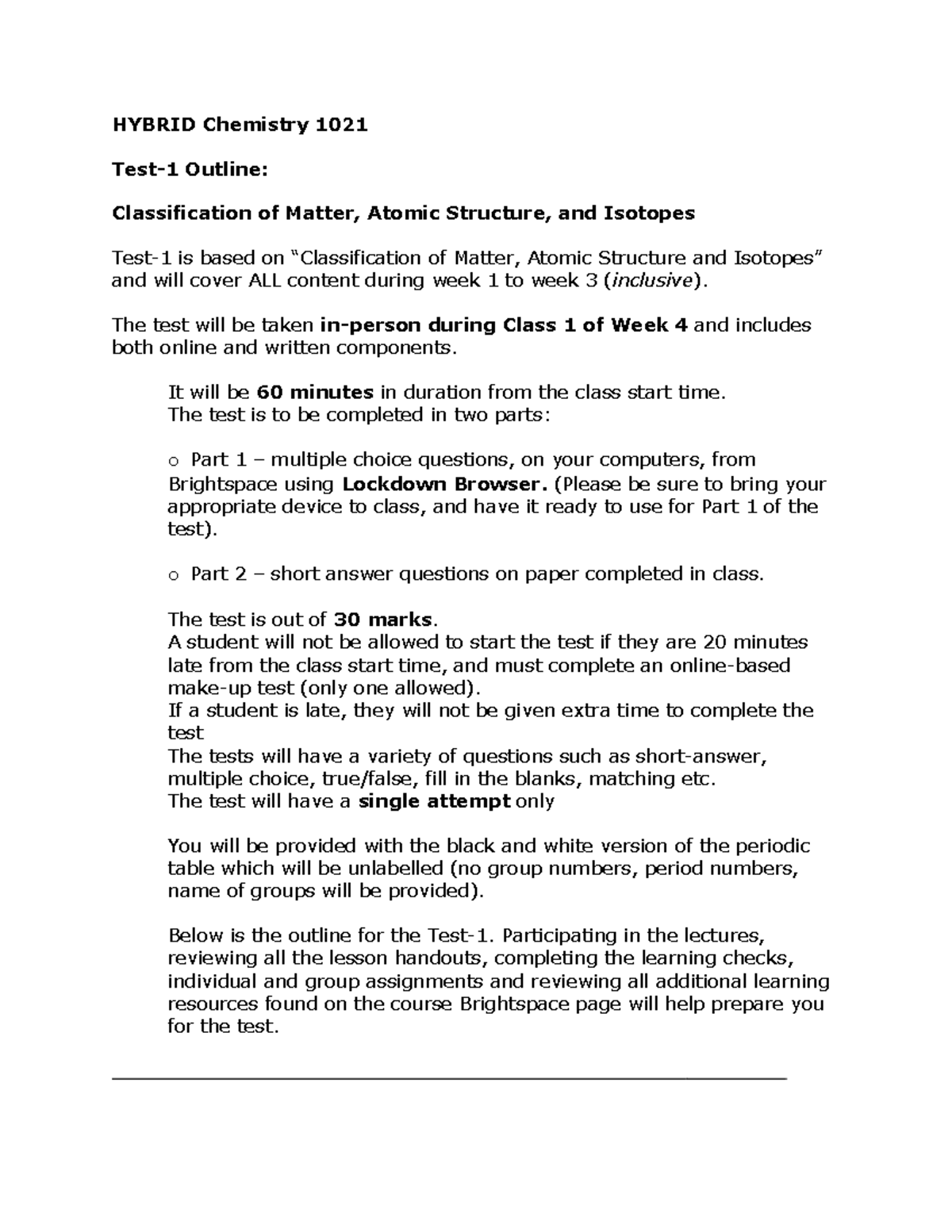 Chemistry 1021 Test 1 Outline: Matter, Atomic Structure & Isotopes ...
