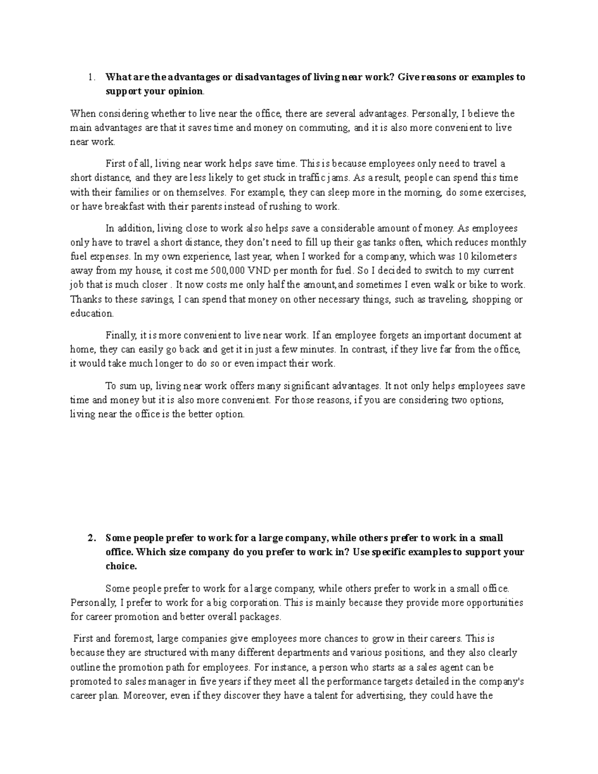Essay BS 2 - Advantages of Living Near Work and Career Choices - Studocu