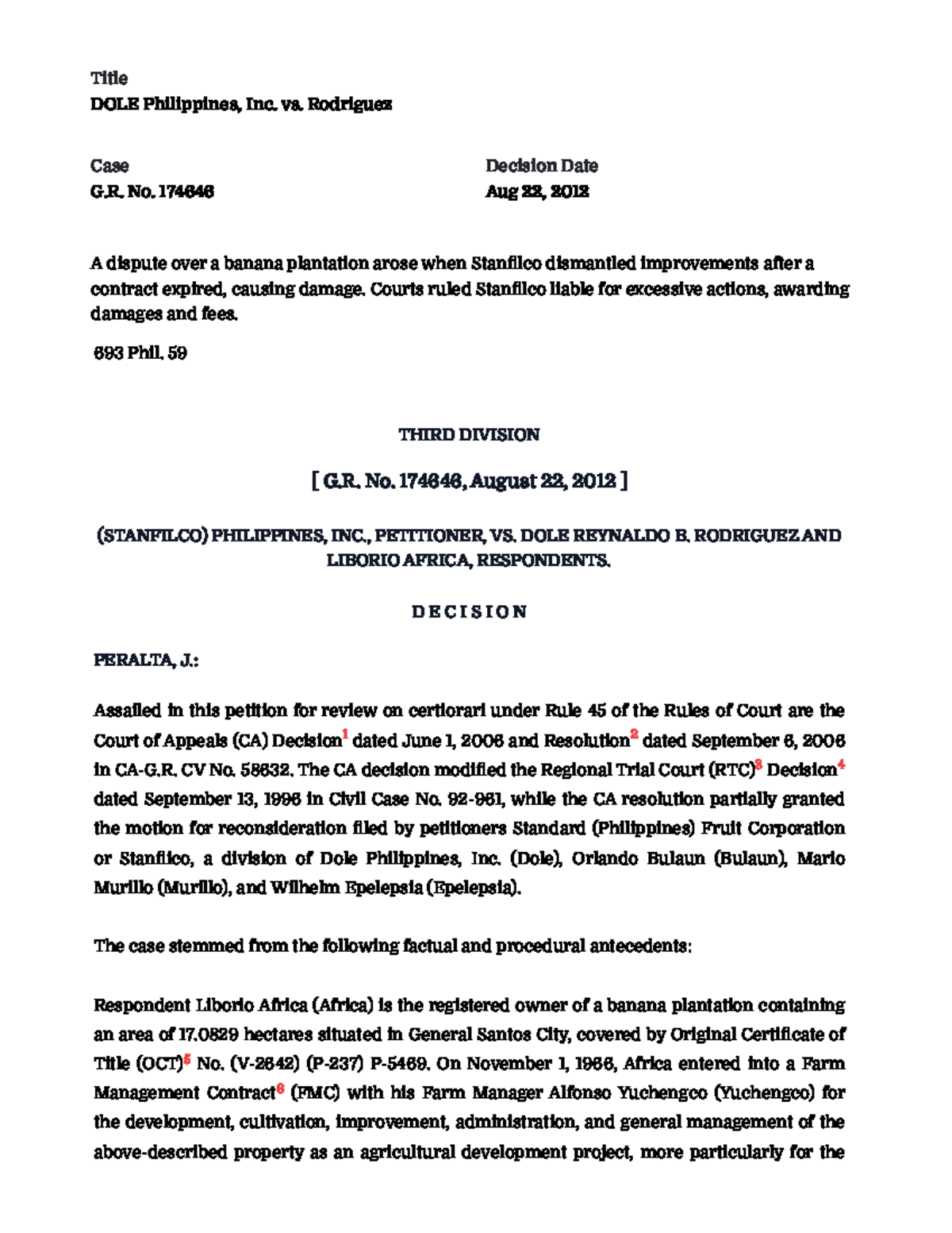 G.R. No. 174646: DOLE Philippines, Inc. vs. Rodriguez Case Analysis ...