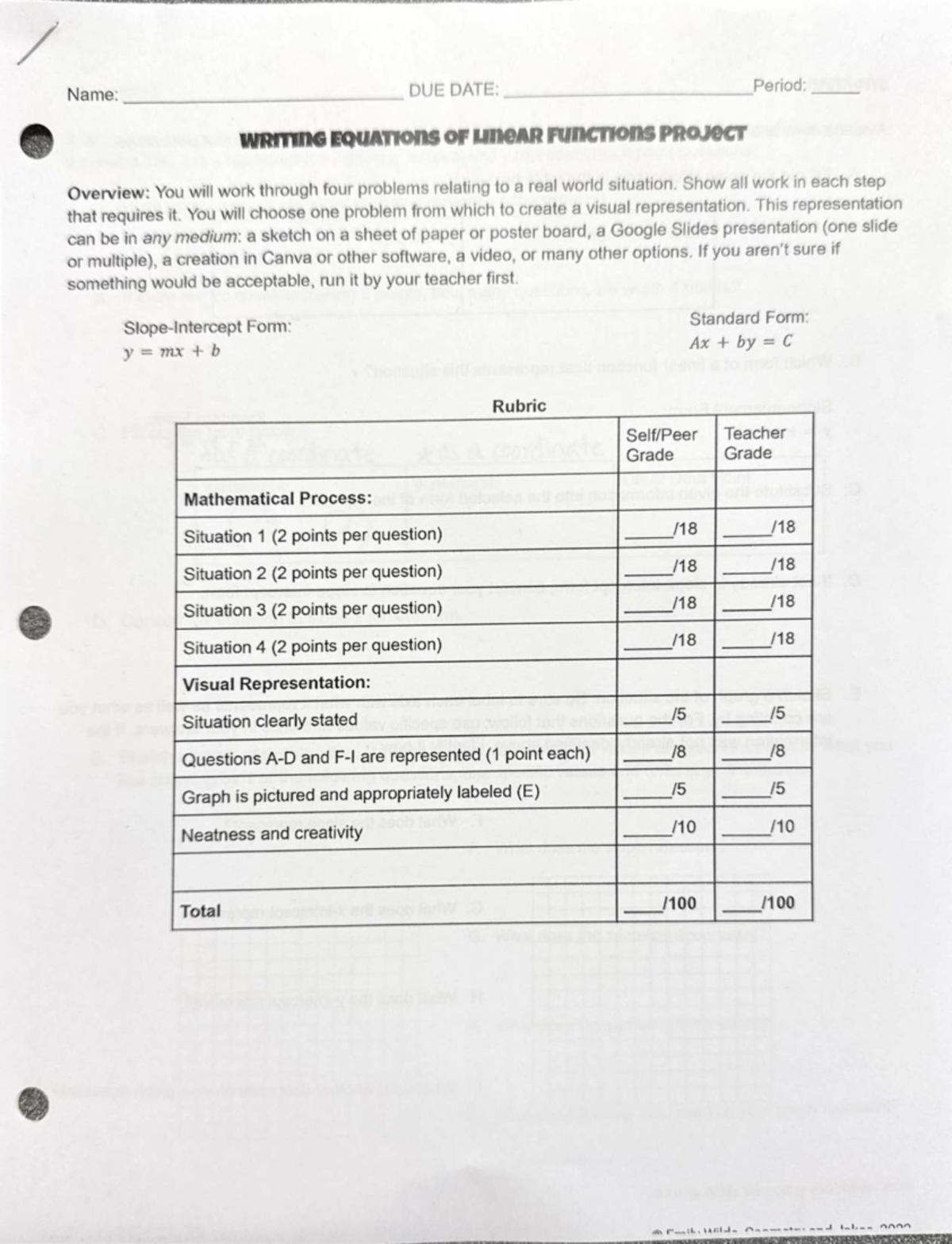 Linear Functions Project (MATH 101) - Writing Equations & Visuals - Studocu