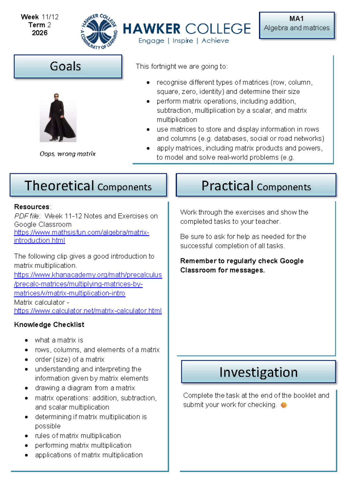 MA1 Week 11-12: Introduction to Matrices - Studocu