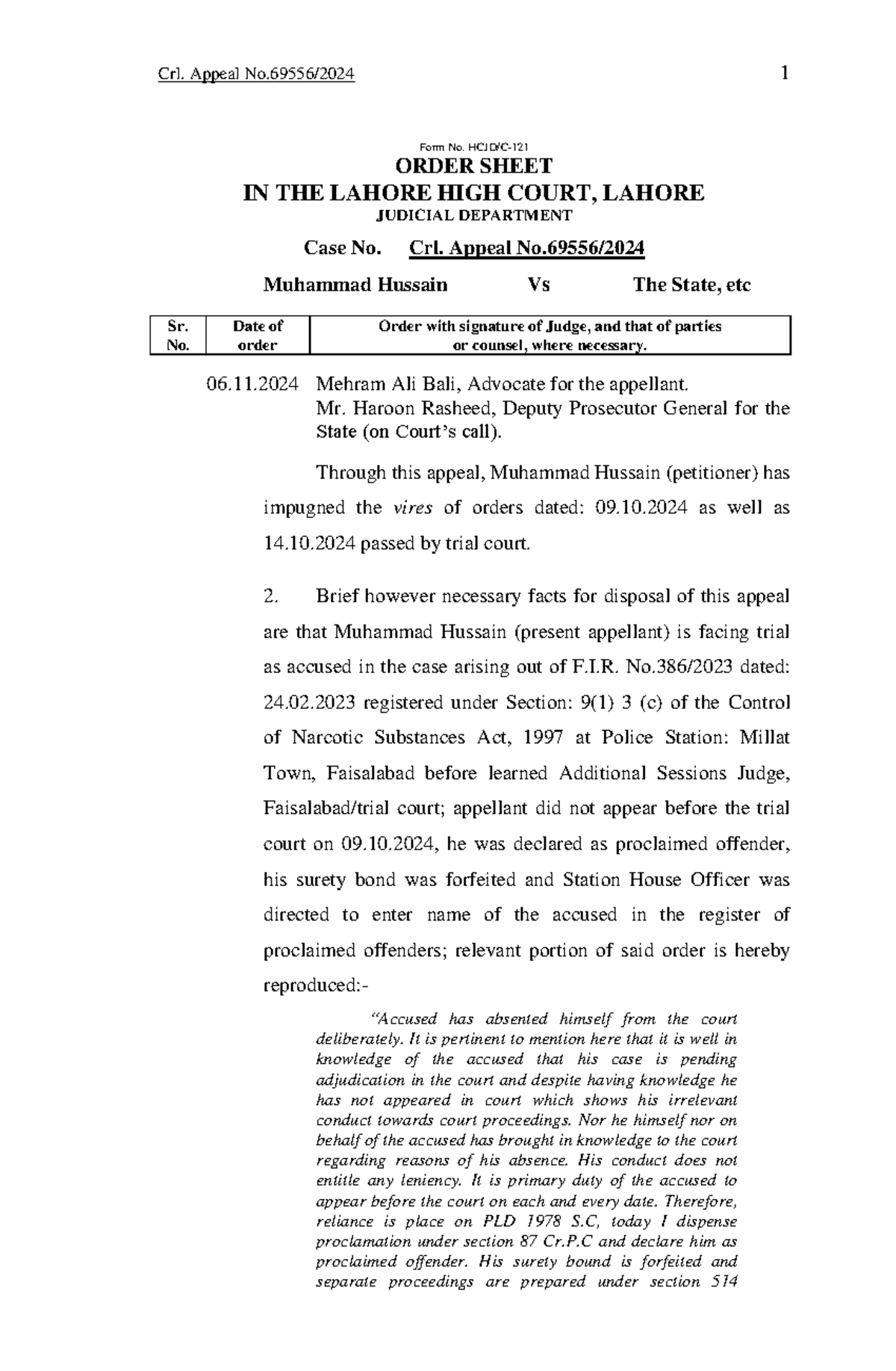 Crl. Appeal 2024: Order Sheet Analysis in Lahore High Court Case - Studocu