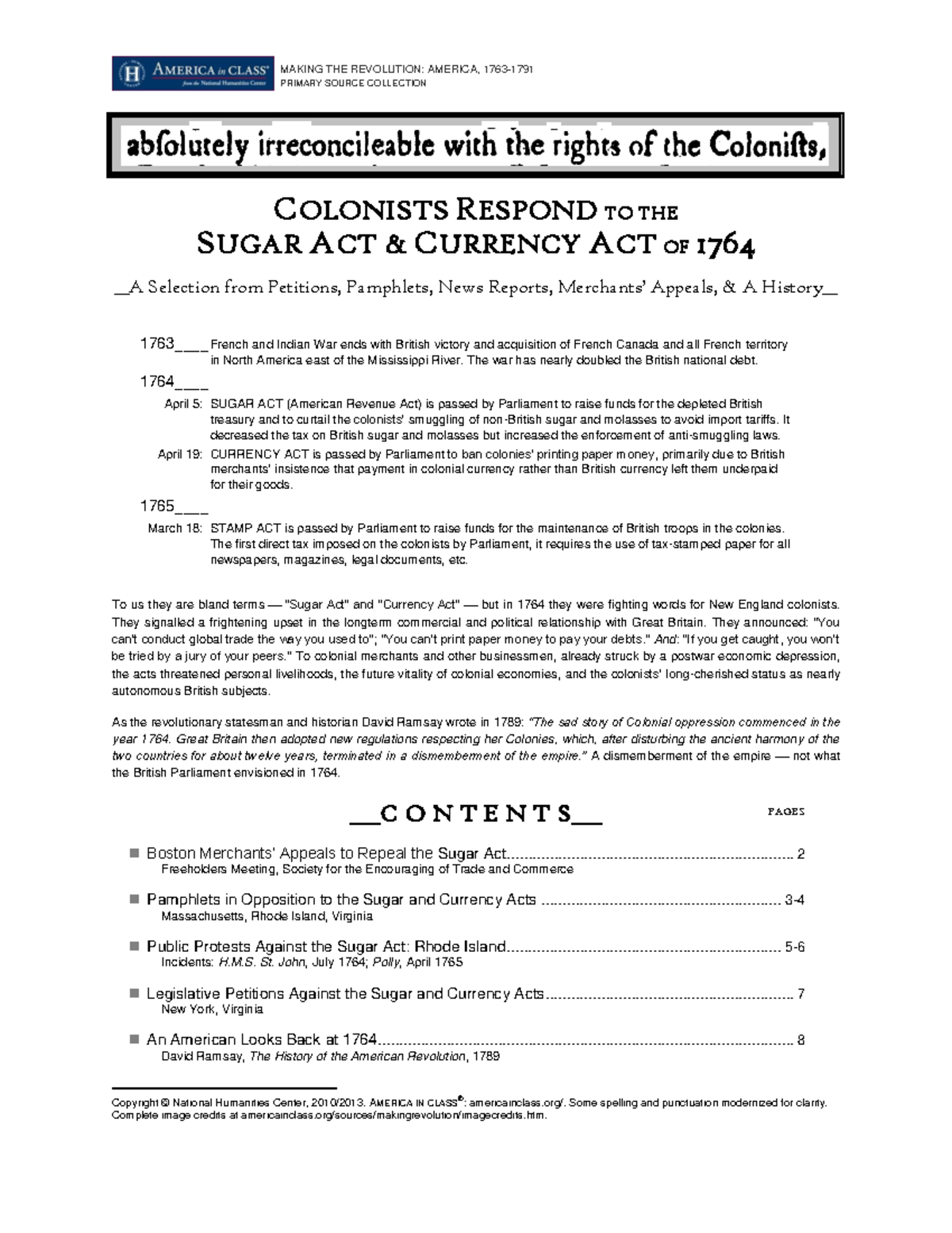 Colonists Respond to the Sugar Act & Currency Act of 1764: A Primary ...