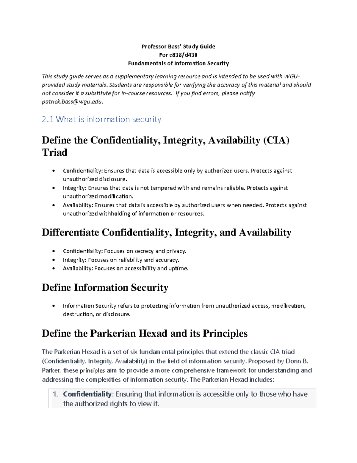 Study Guide for C836 D430: Fundamentals of Information Security - Studocu