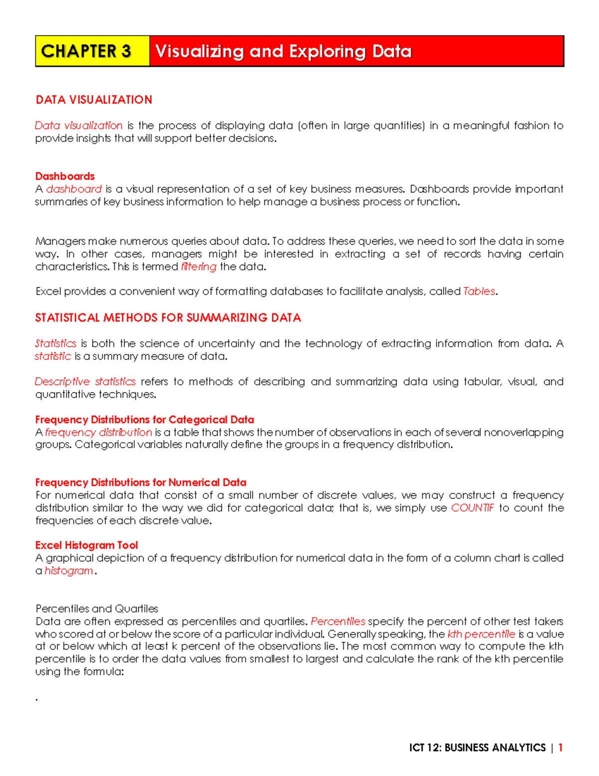 ICT 12: BUSINESS ANALYTICS - CHAPTER 3 Data Visualization & Analysis - Studocu