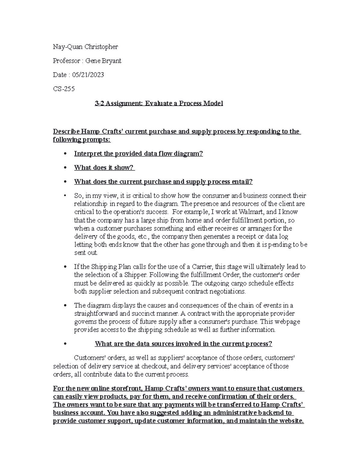 CS-521 Module 3 Assignment: Evaluating Hamp Crafts' Supply Process - Studocu