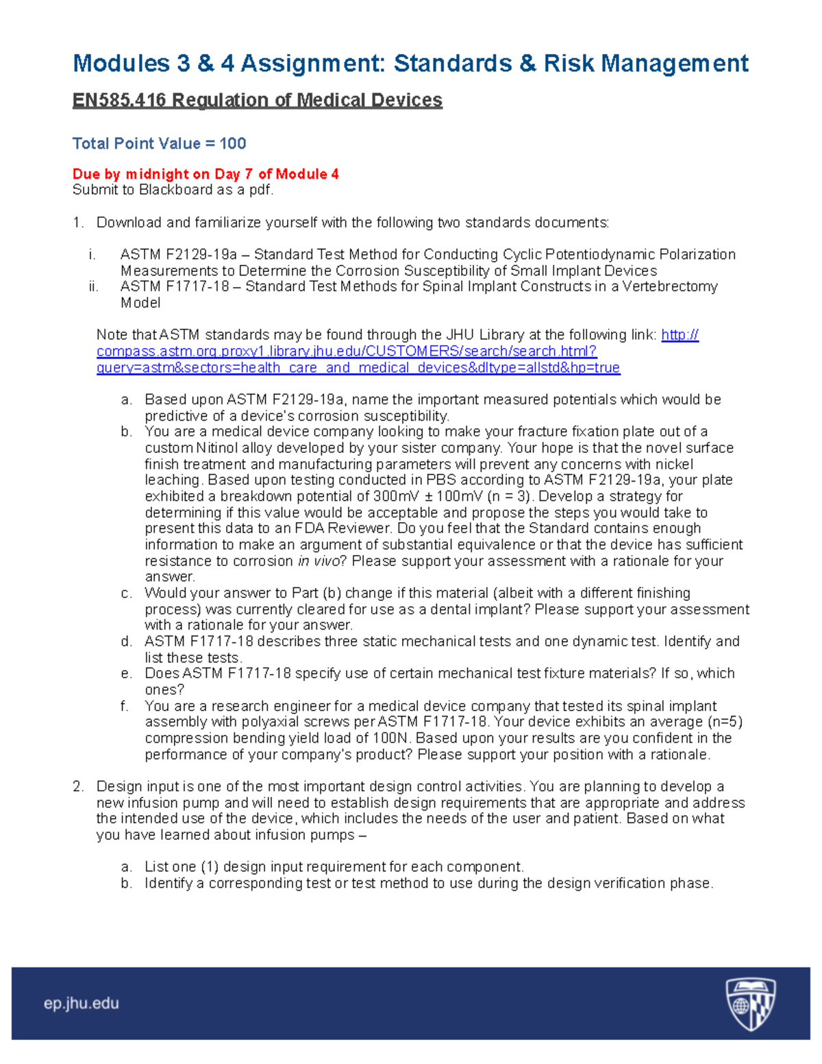 EN.585.619 Modules 3 & 4 Assignment: Standards & Risk Management - Studocu