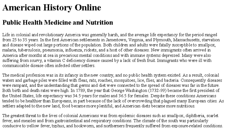 Public Health, Medicine, and Nutrition in Colonial America (HIST 101 ...