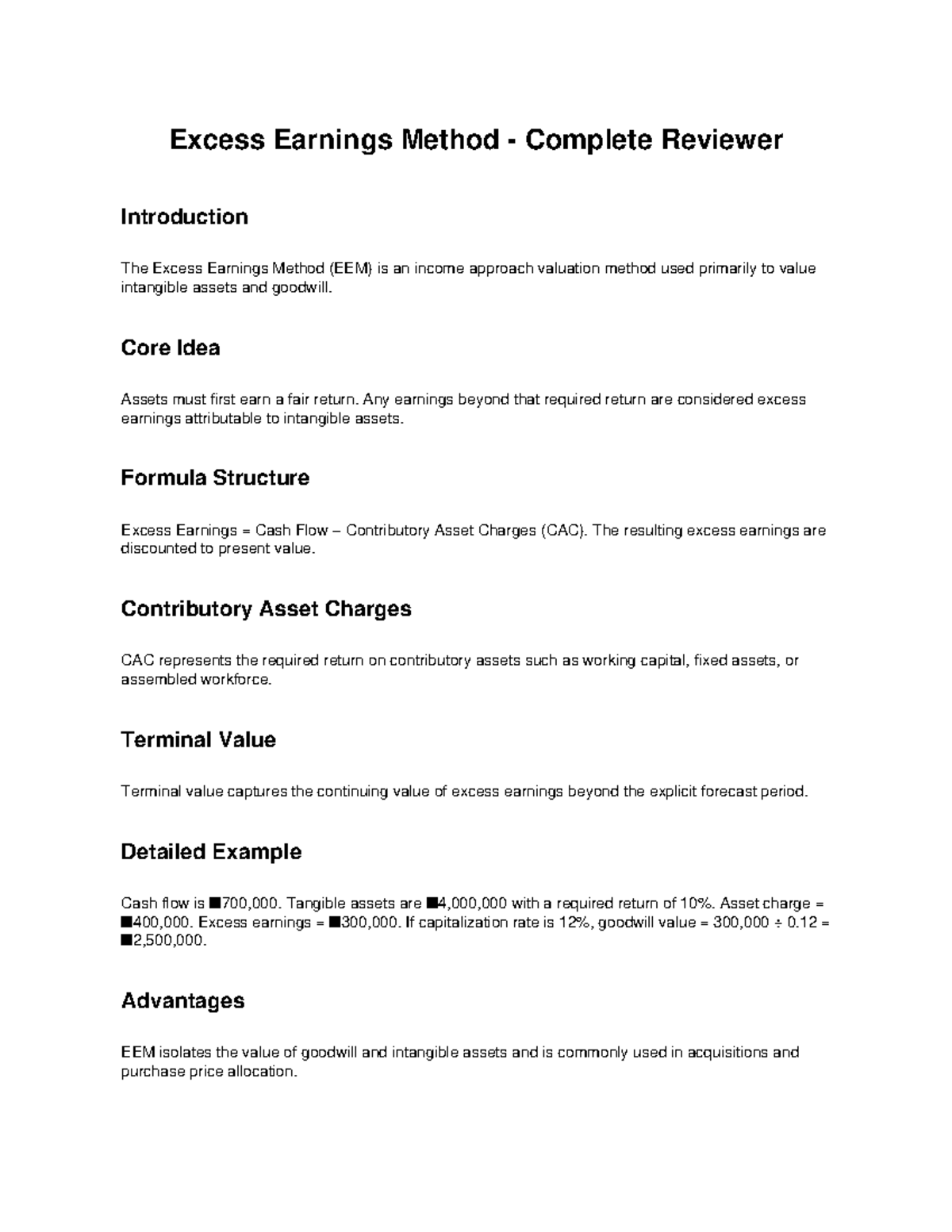 Excess Earnings Method (EEM) Complete Review Guide - Studocu