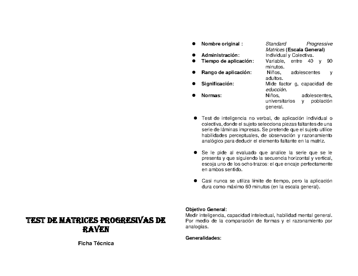 Test de Matrices Progresivas de Raven para Adultos: Ficha Técnica - Studocu