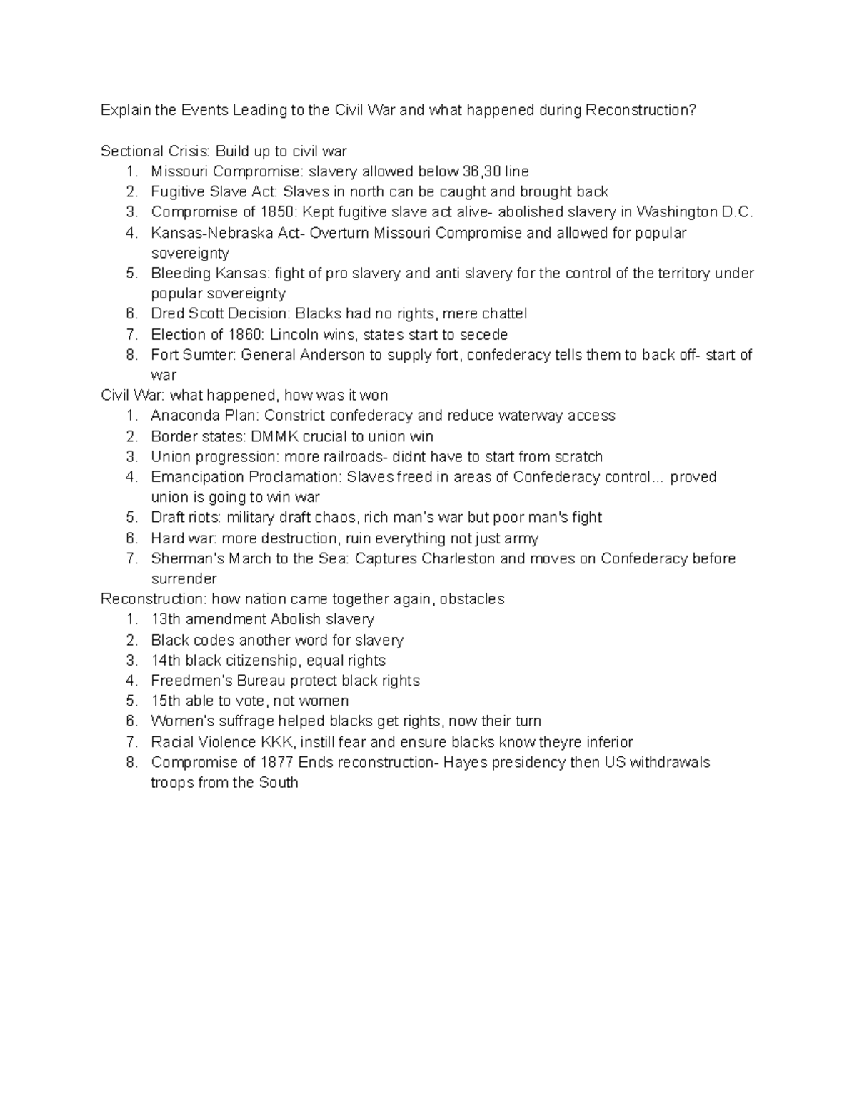 APUSH Midterm Preparation: Civil War and Reconstruction Overview - Studocu