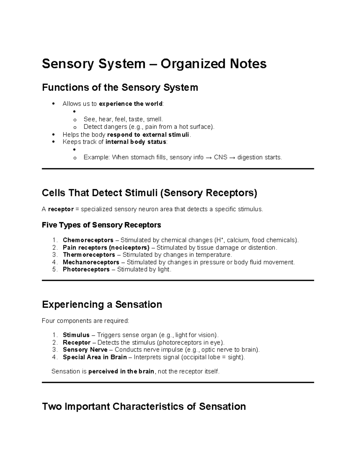 Sensory System (BIO 101) Organized Notes: Receptors & Functions - Studocu