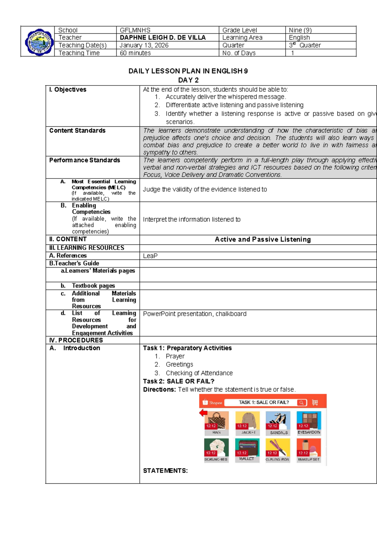 Daily Lesson Plan in English 9 - Week 6, 3rd Quarter - Studocu