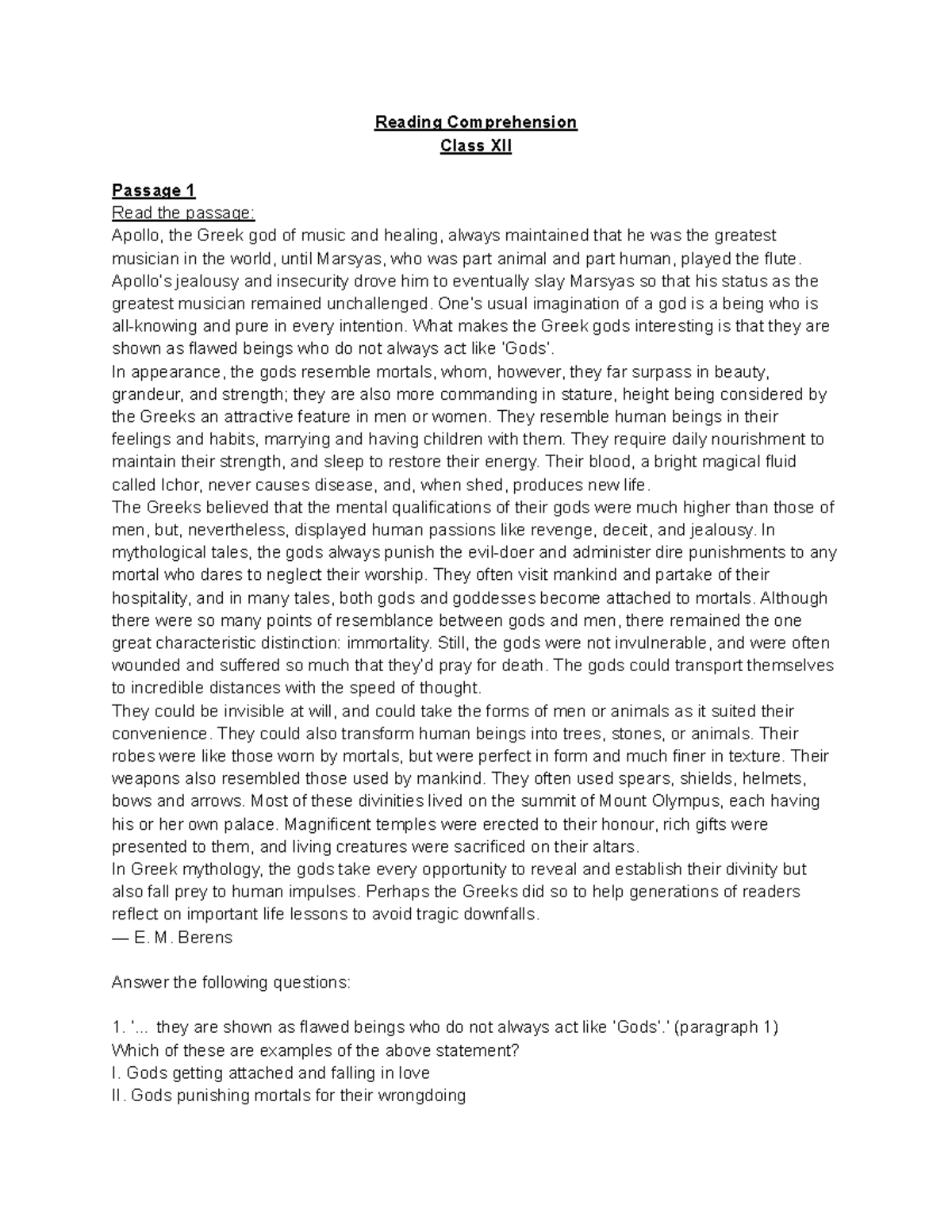 Revision Worksheet-1 (Reading Comprehension) for Class XII - Studocu