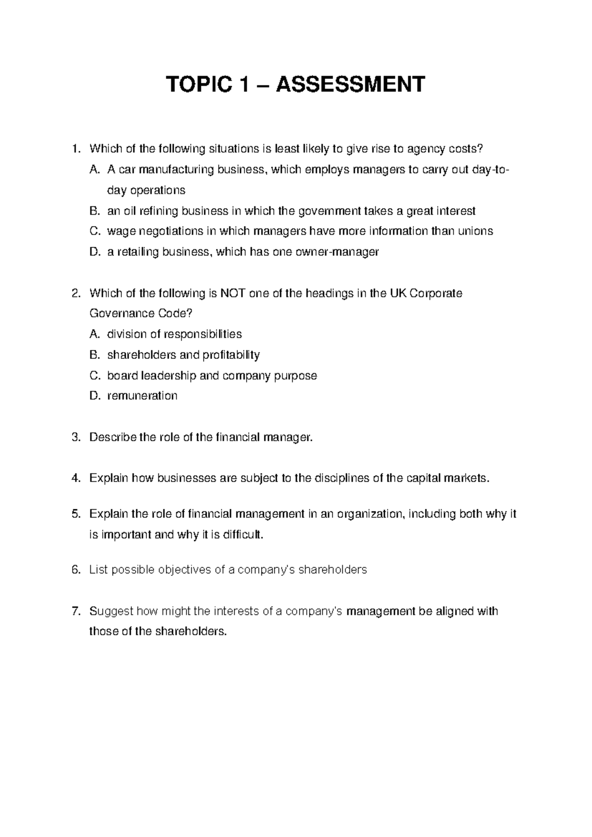 Topic 1 Assessment: Agency Costs & Financial Management Insights - Studocu
