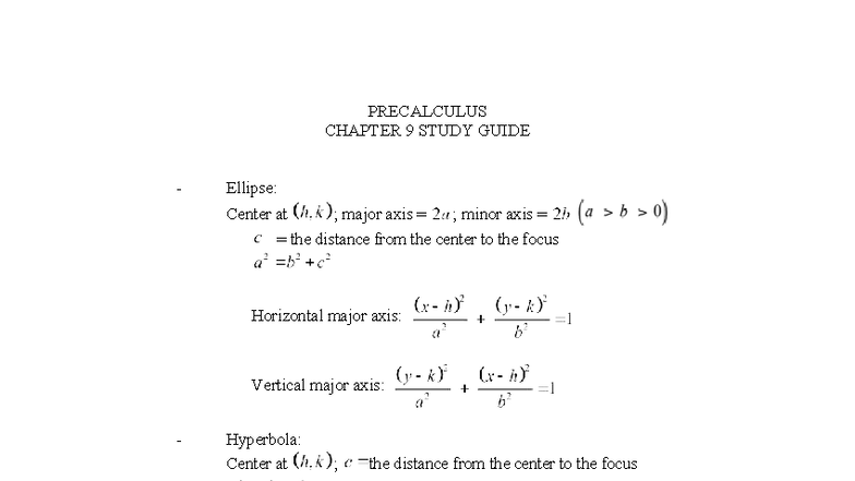 Precalculus Chapter 9 Study Guide: Ellipses, Hyperbolas, and Parabolas ...