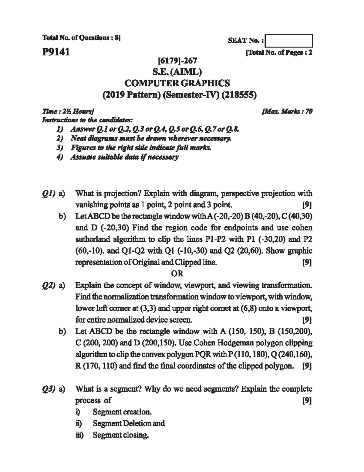 Computer Graphics (S.E. AIML) Exam Paper - 2019 Pattern - Studocu