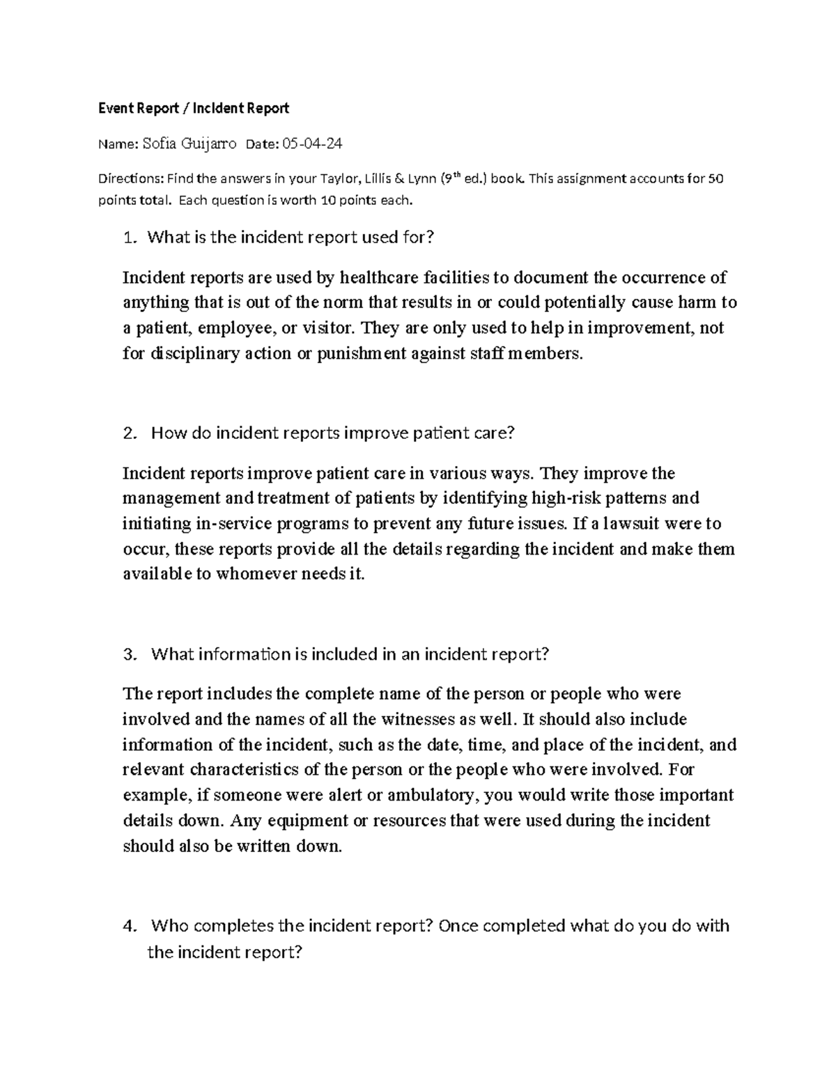 Incident Report Questions - HCS 101 Essay Notes - Studocu