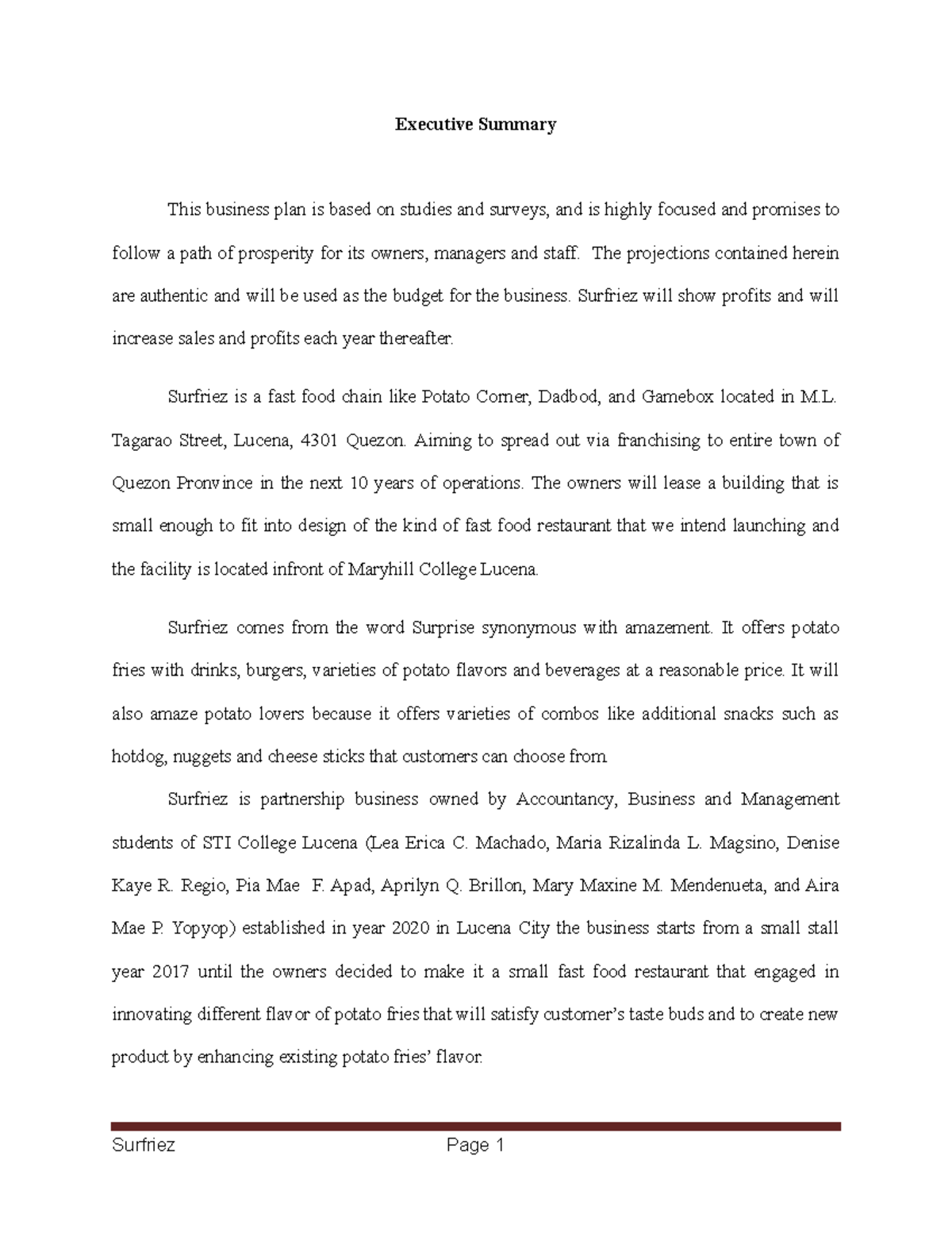 Business PLAN for Grade 12: Surfriez Fast Food Chain Strategy - Studocu