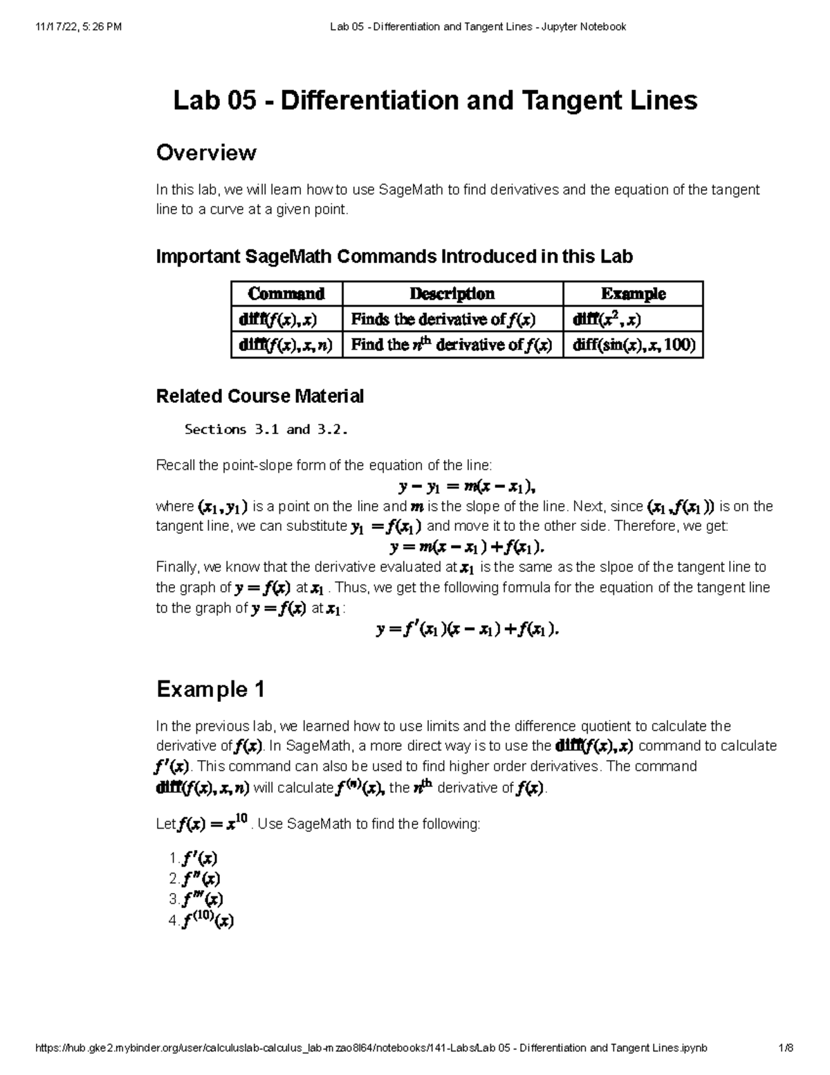 Lab 05 - SageMath on Differentiation & Tangent Lines Techniques - Studocu