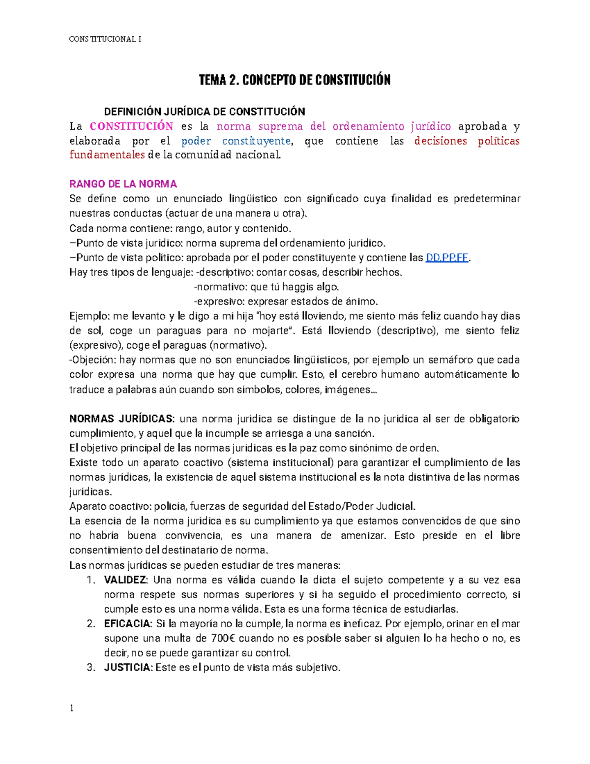CONSTITUCIONAL I TEMA 2: Definición y Rango de la Constitución - Studocu