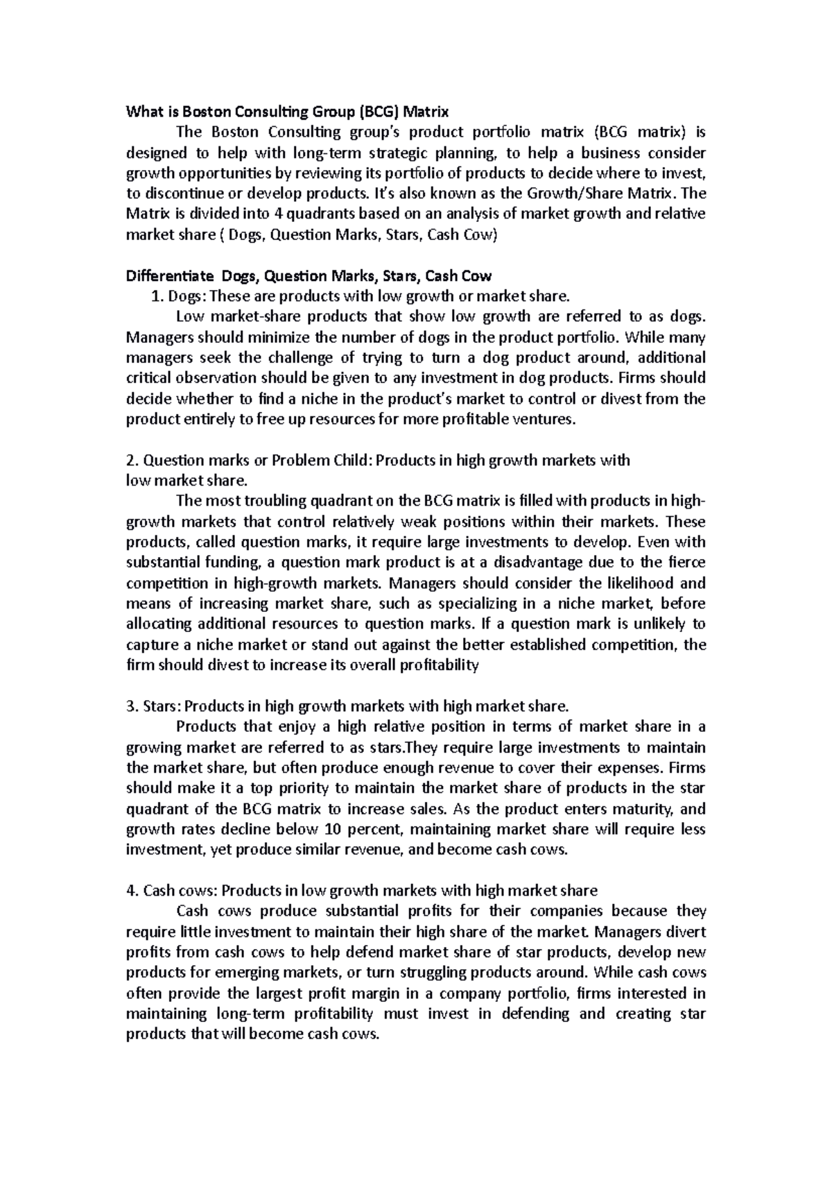 Boston Consulting Group (BGC) Matrix - BS accountancy - Studocu