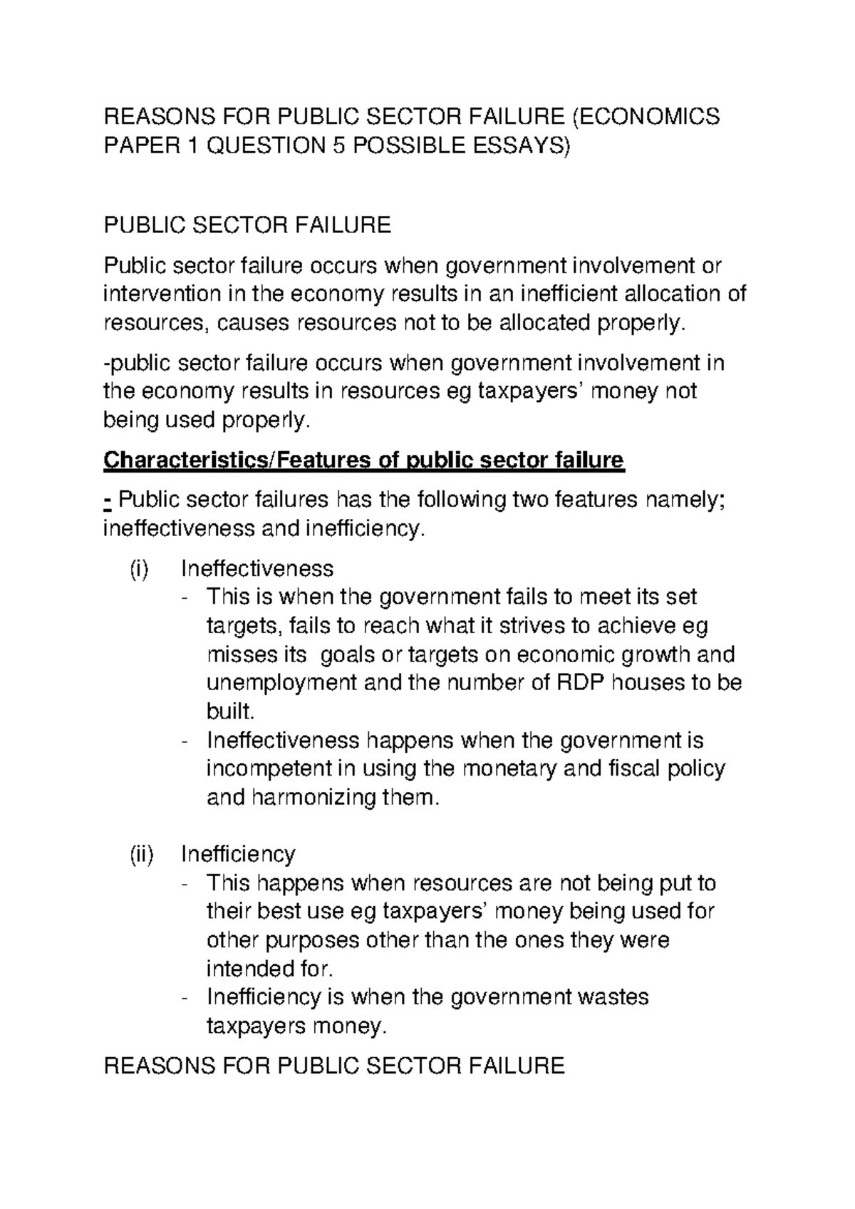 ECON 101: Reasons and Effects of Public Sector Failure Essay - Studocu