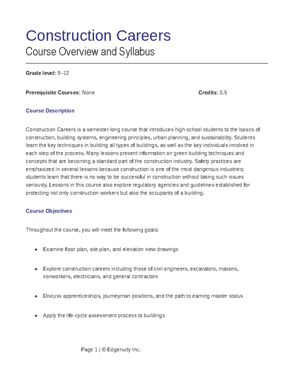 Construction Careers Syllabus - Edgenuity Course Overview for Grade 9 ...
