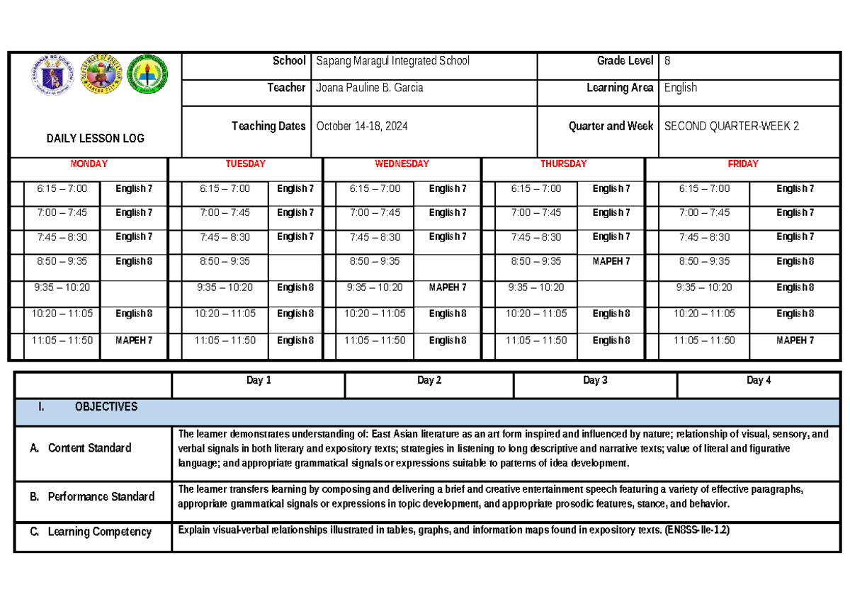 English 8 Q2W1 Daily Lesson Log by Joana Pauline B. Garcia - Studocu