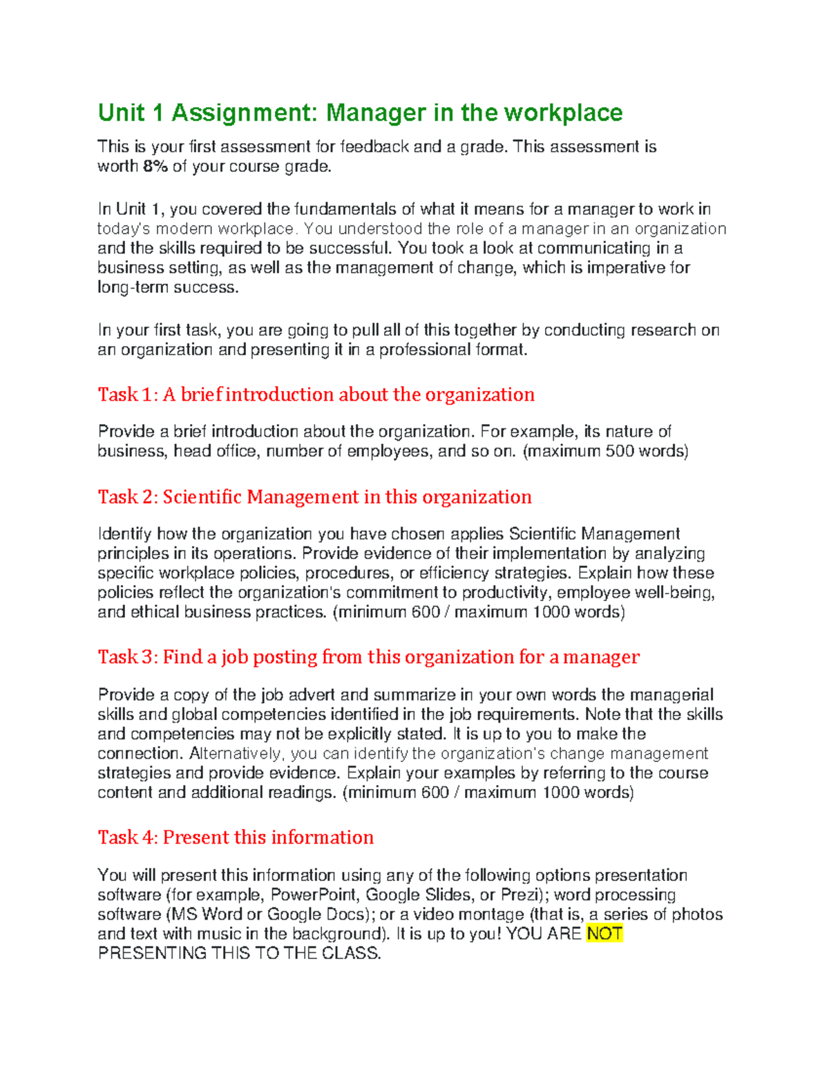 BOH4M - Unit 1 Summative Assignment: Managerial Roles & Practices - Studocu