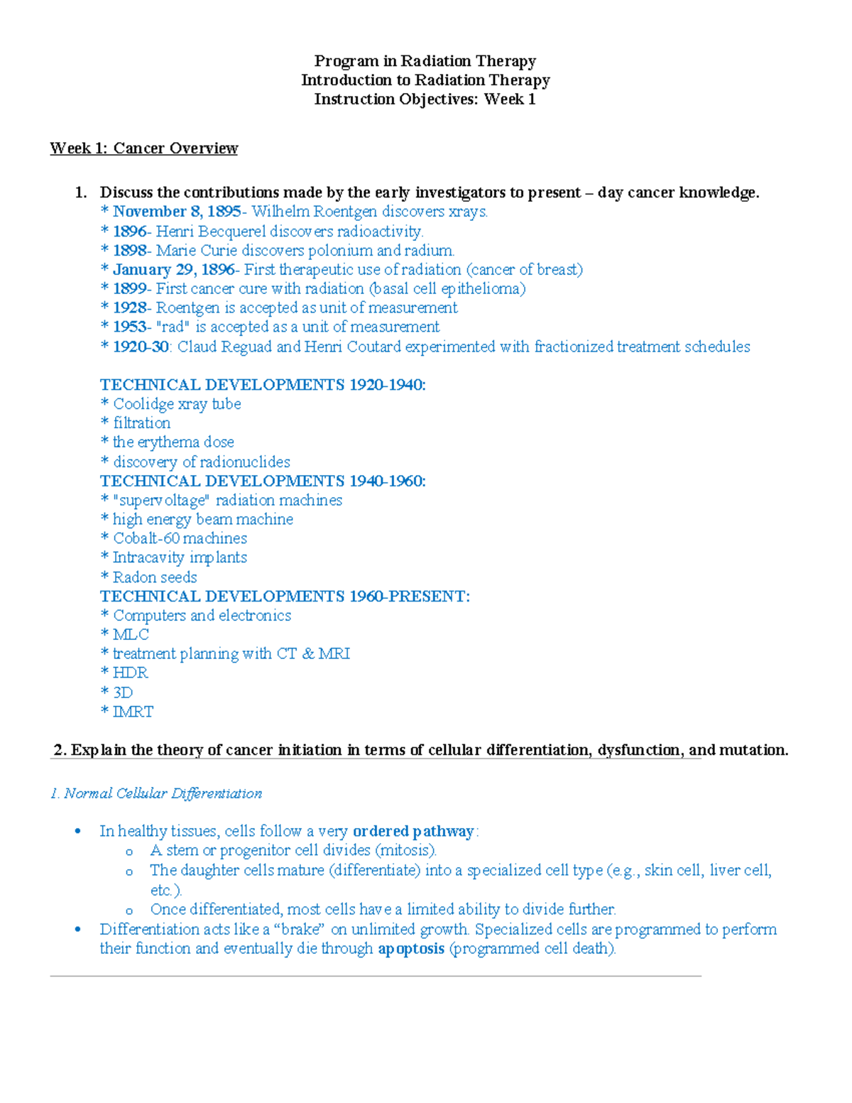 Week 1 Exam Study Guide: Introduction to Radiation Therapy (RAD 101 ...