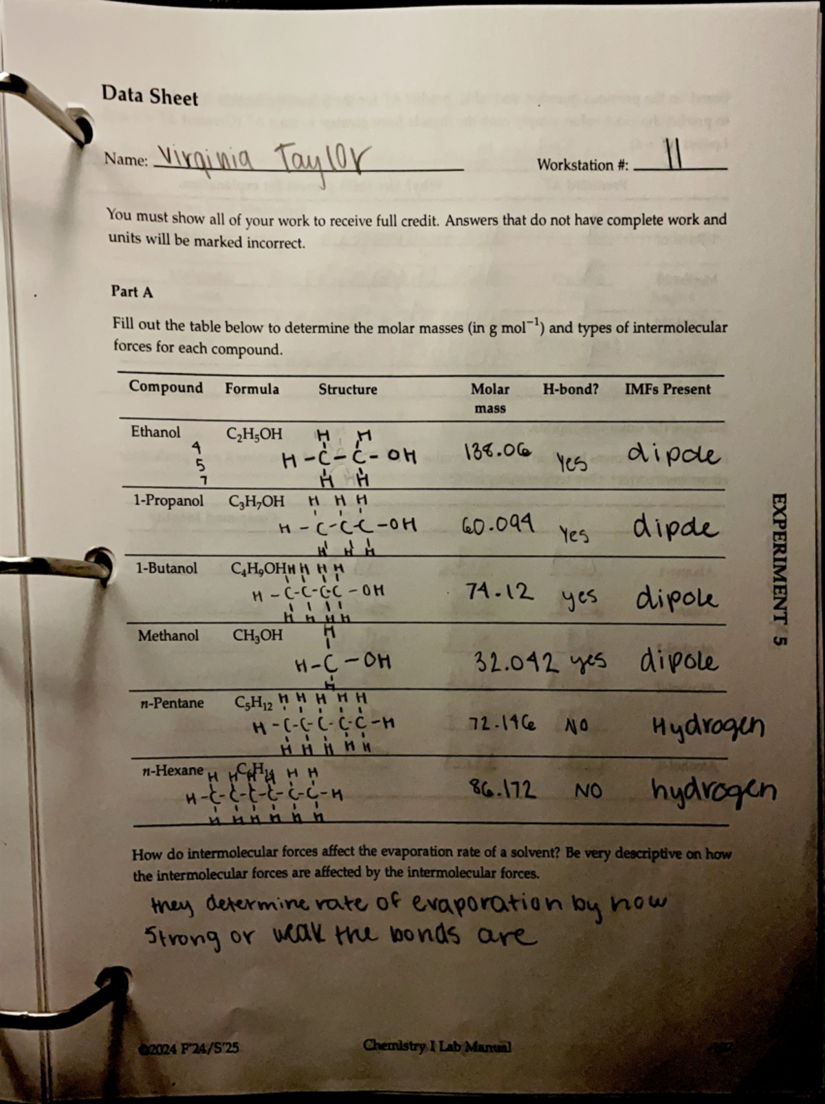 Chemistry I Lab Manual 2024: Post-Lab Analysis on Intermolecular Forces ...