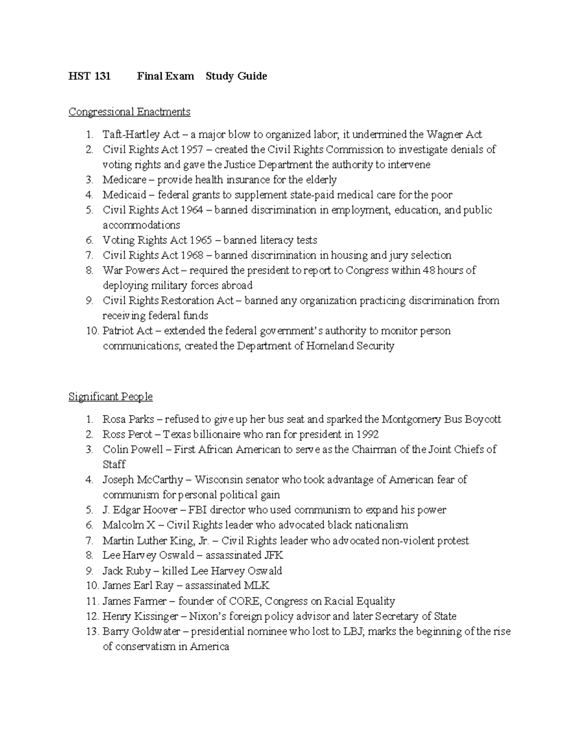 HST 131 Final Exam Study Guide: Key Terms and Historical Context - HST ...