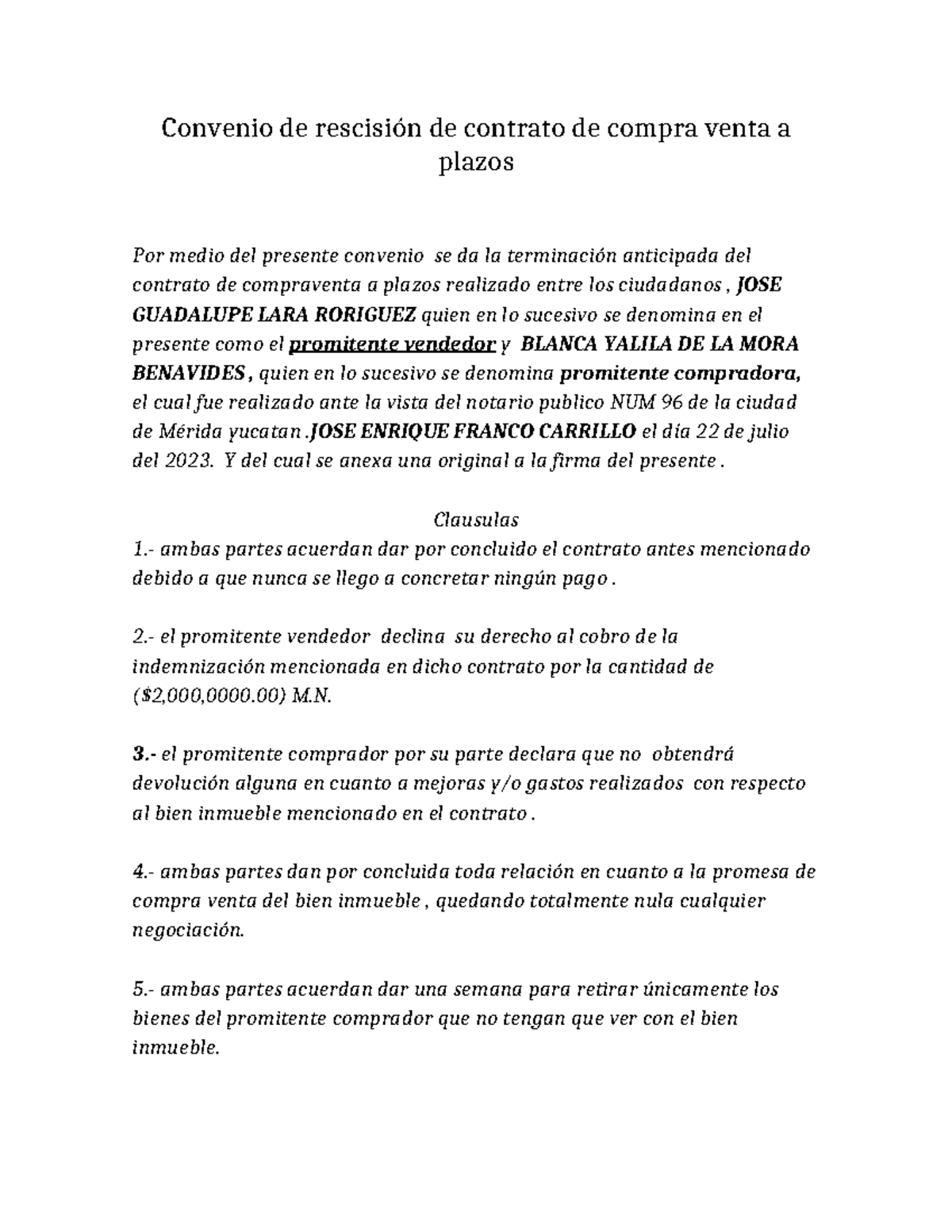 Convenio de Rescisión de Contrato de Compra Venta a Plazos - Studocu