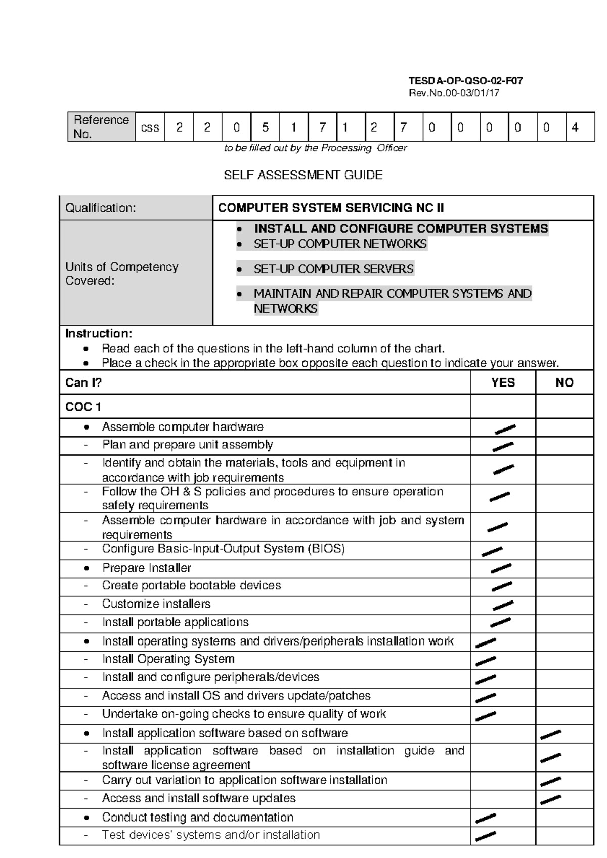 Self Assessment Guide for Computer System Servicing NC II - TESDA - Studocu