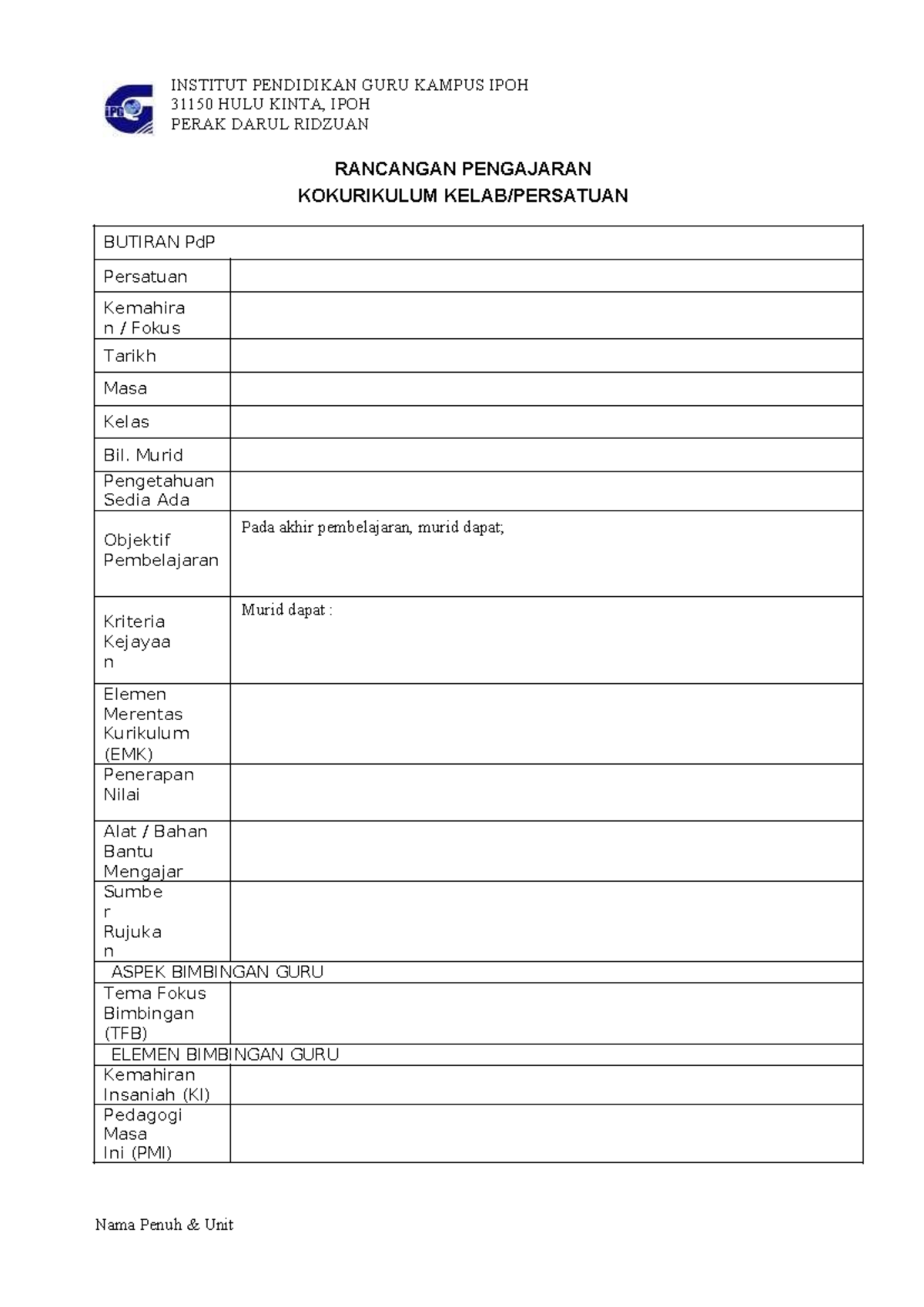 RPH Kokurikulum Persatuan 31150 - Rancangan Pengajaran dan Pembelajaran ...